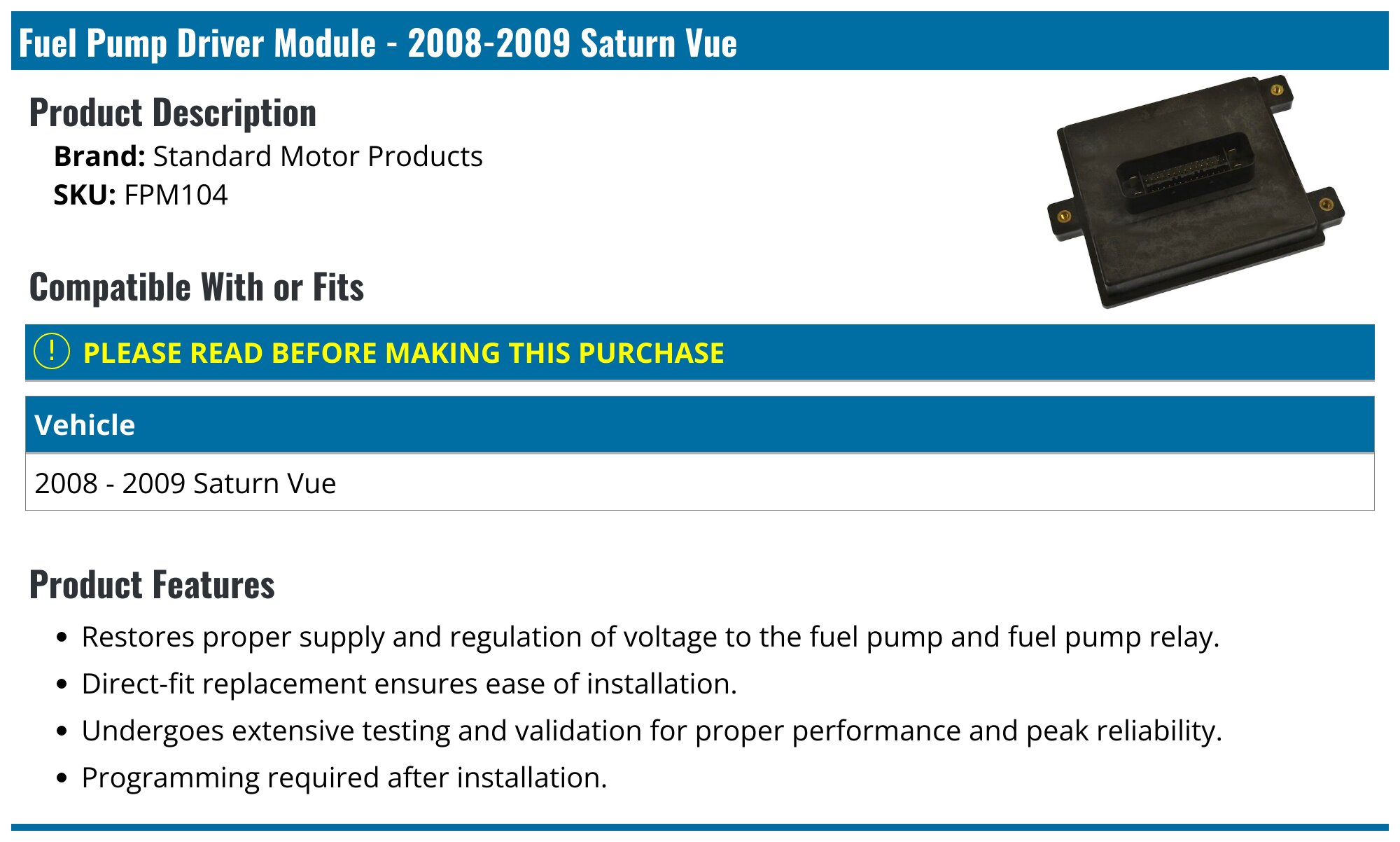 2008-2009 Saturn Vue Fuel Pump Control Module - Standard Motor Products ...