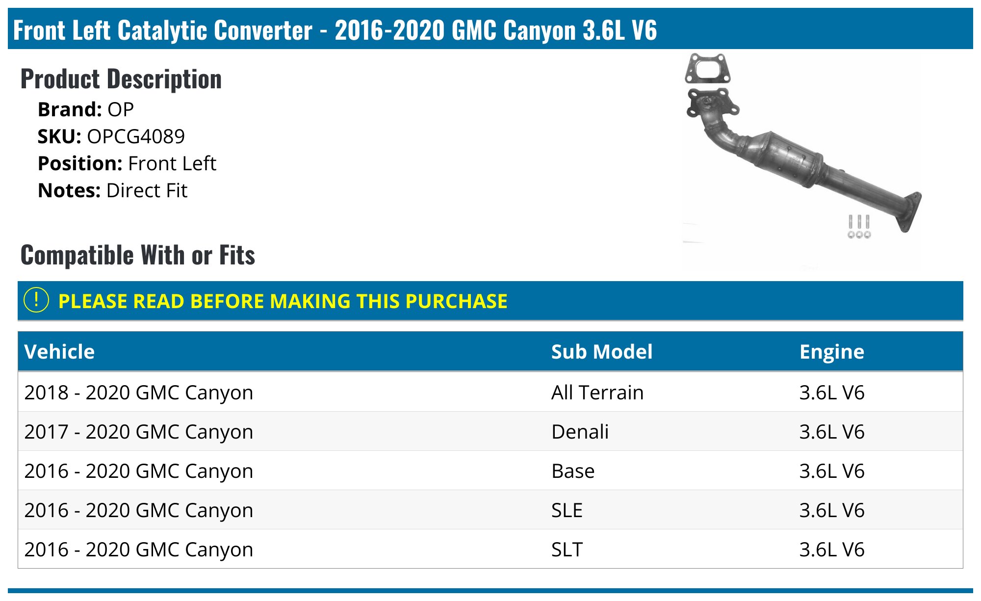 2016-2020 GMC Canyon Catalytic Converter - OP OPCG4089 - Front Left ...