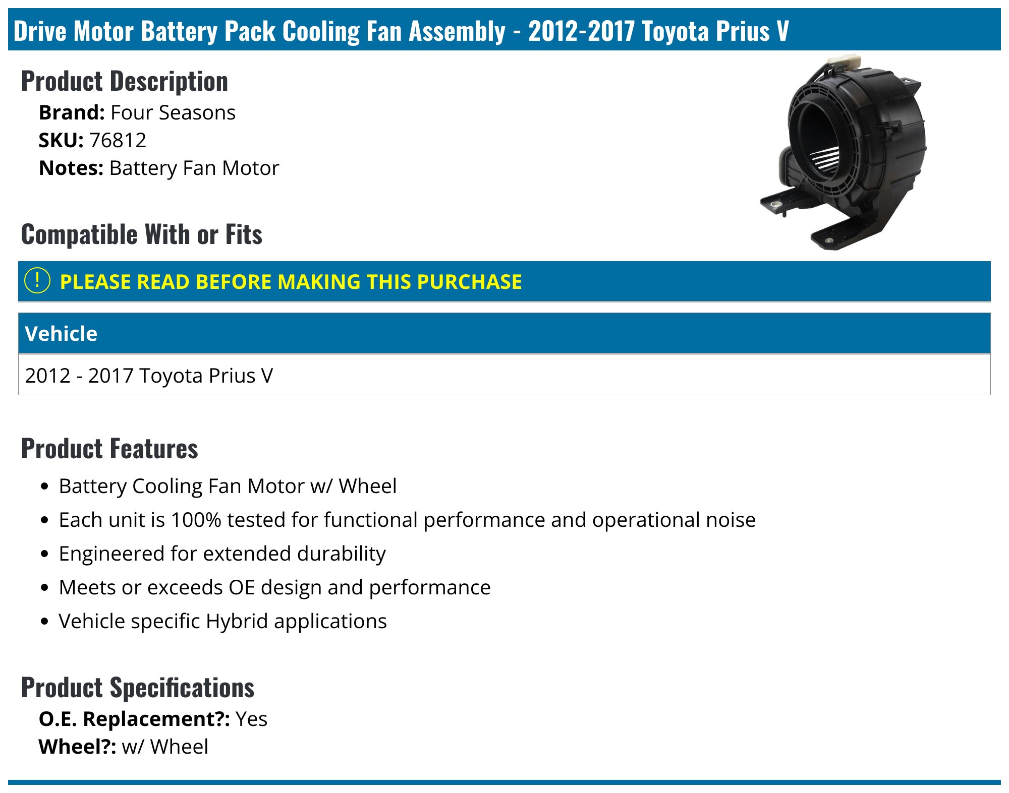 2012-2017 Toyota Prius V Drive Motor Battery Pack Cooling Fan Assembly ...