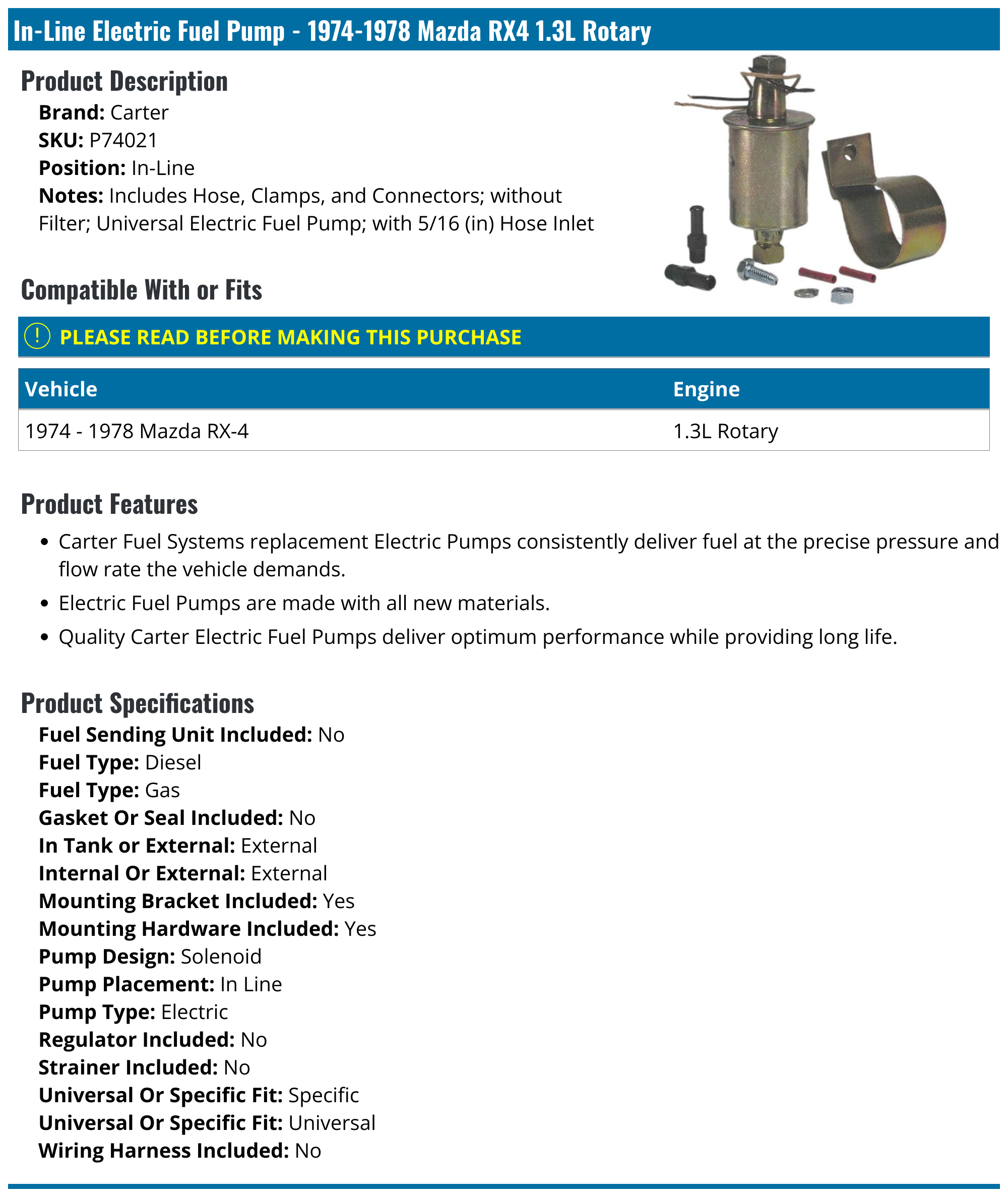 1974-1978 Mazda RX4 Fuel Pump - Carter P74021 - In-Line - PartsGeek.com
