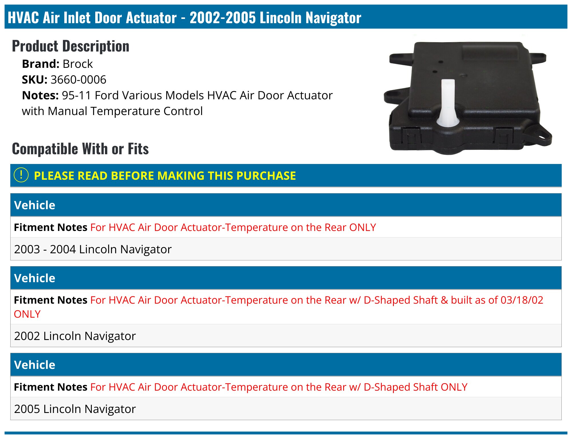 2002-2005 Lincoln Navigator Air Flap Actuator - Brock 3660-0006 ...