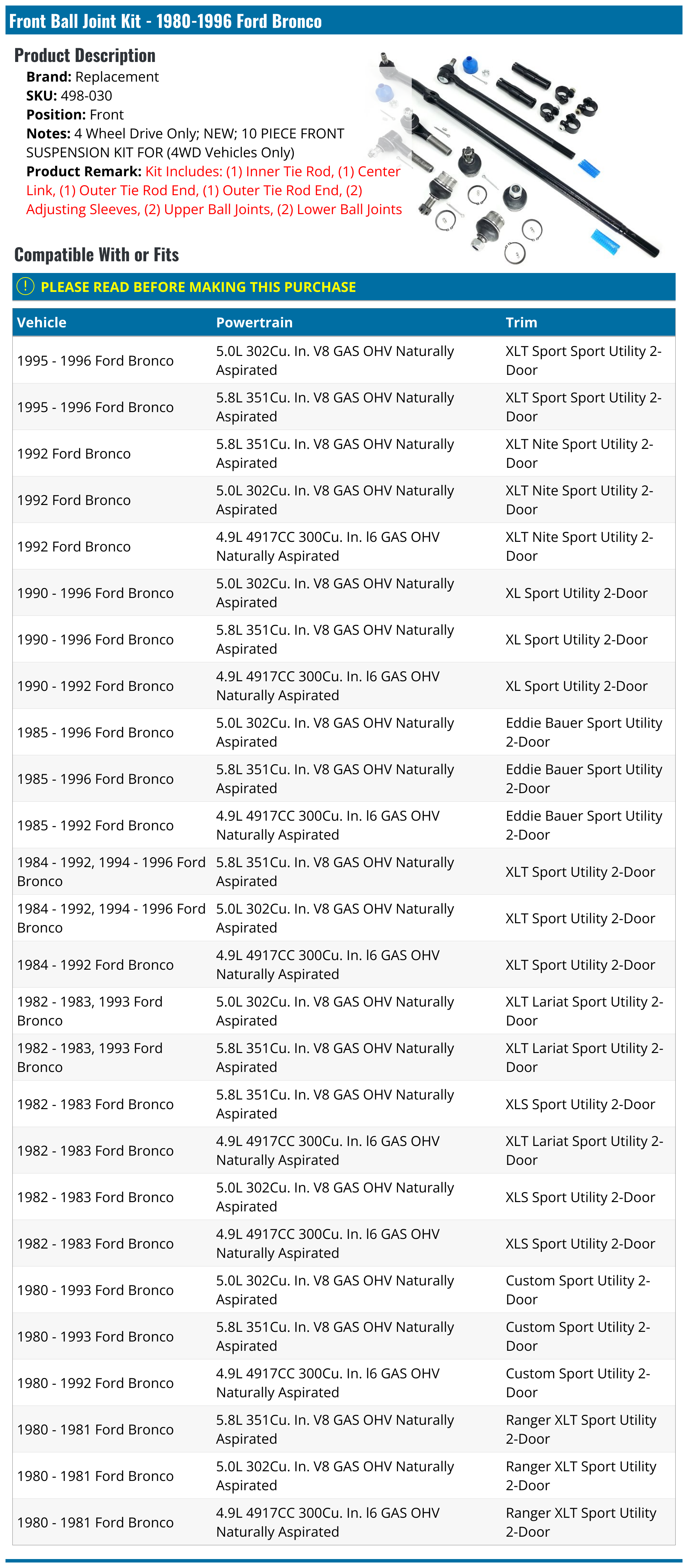 1980-1996 Ford Bronco Ball Joint - Replacement 498-030 - Front ...