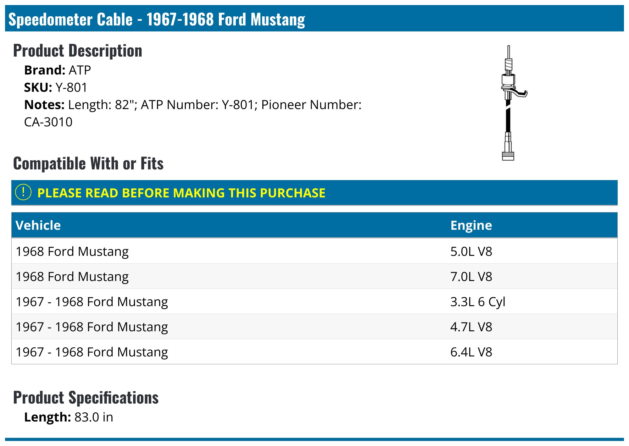 1967-1968 Ford Mustang Speedometer Cable - ATP Y-801 - PartsGeek.com
