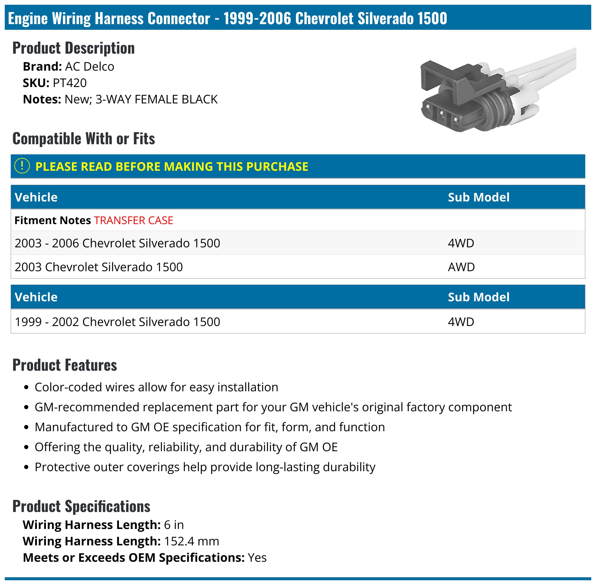1999-2006 Chevrolet Silverado 1500 Engine Wiring Harness Connector - AC ...