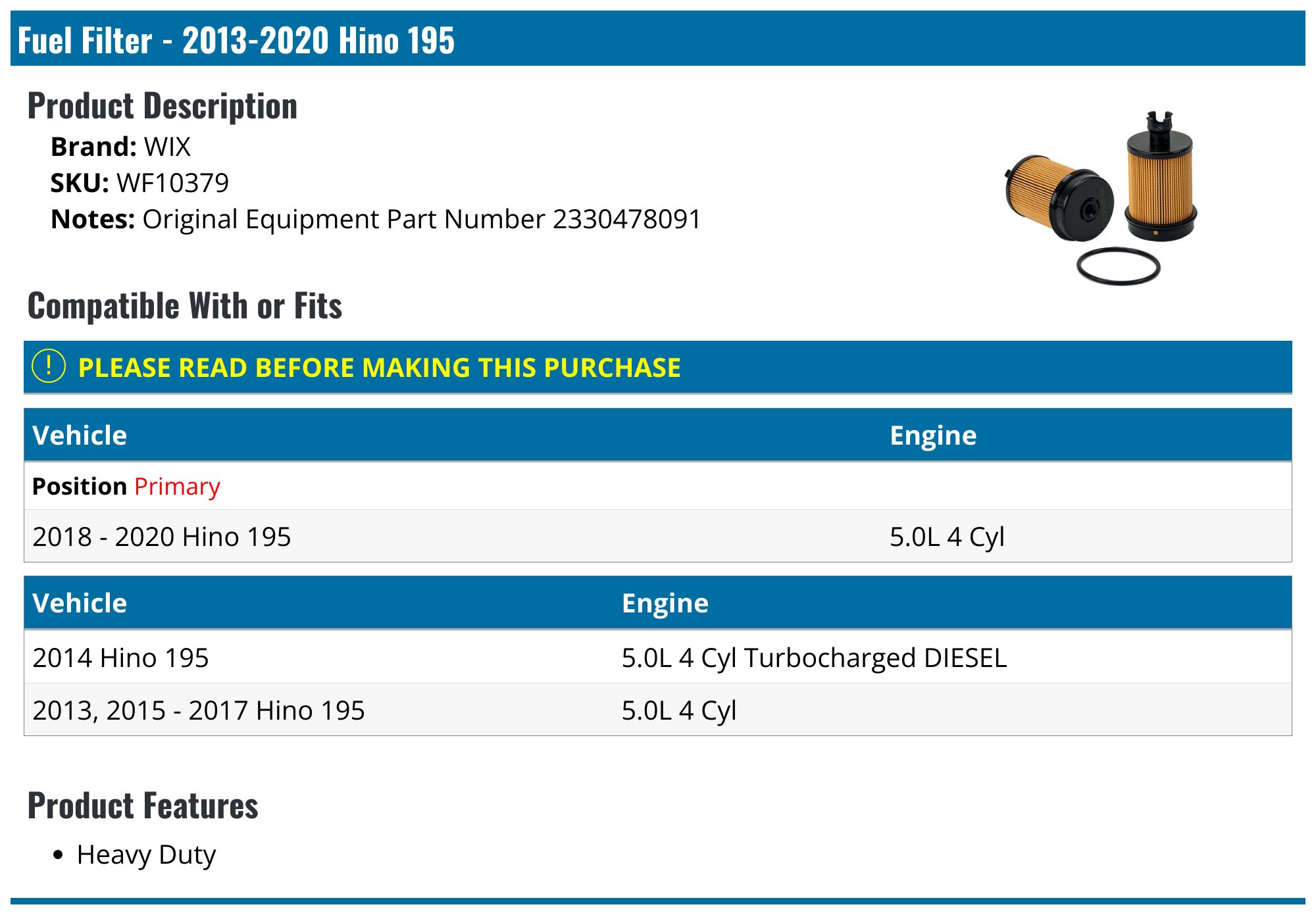 2013-2020 Hino 195 Fuel Filter - WIX WF10379 - Primary - PartsGeek.com