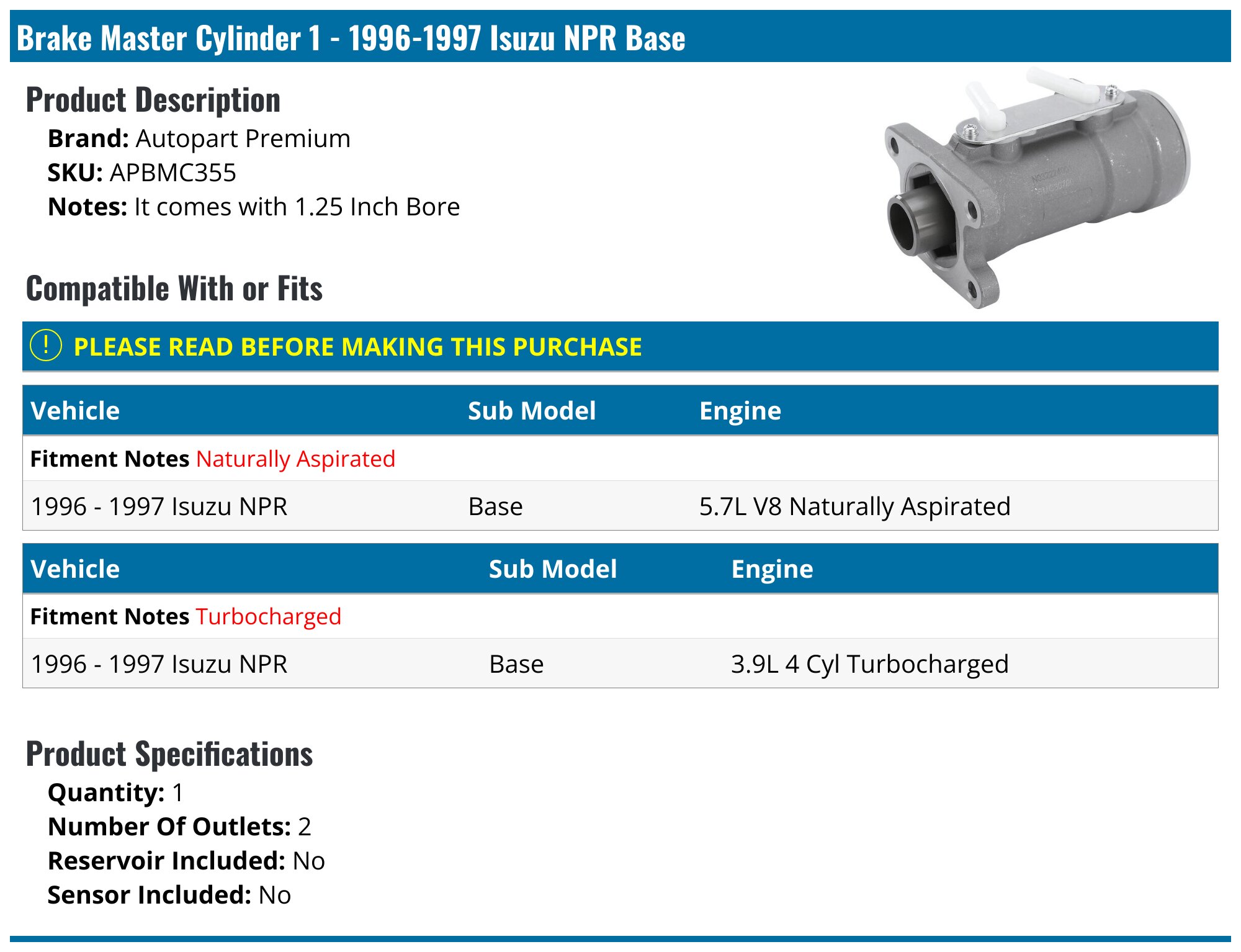 1996-1997 Isuzu NPR Brake Master Cylinder - Autopart Premium APBMC355 ...
