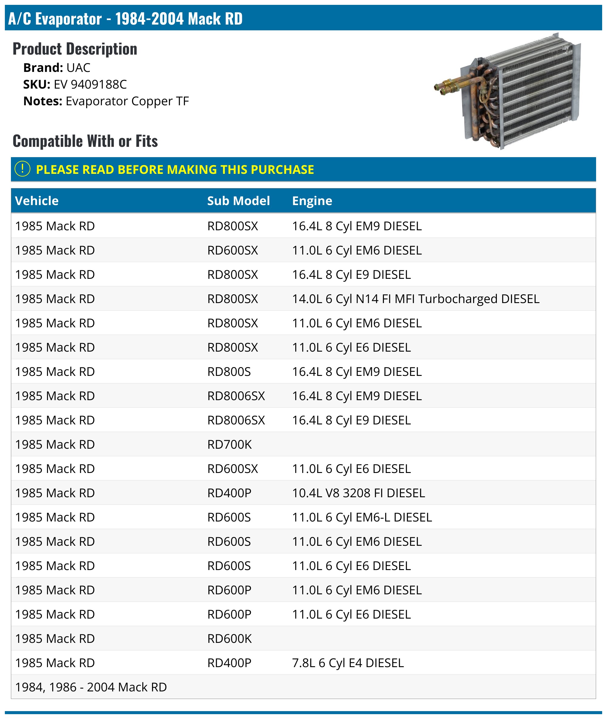 1984-2004 Mack RD A/C Evaporator - UAC EV 9409188C - PartsGeek.com