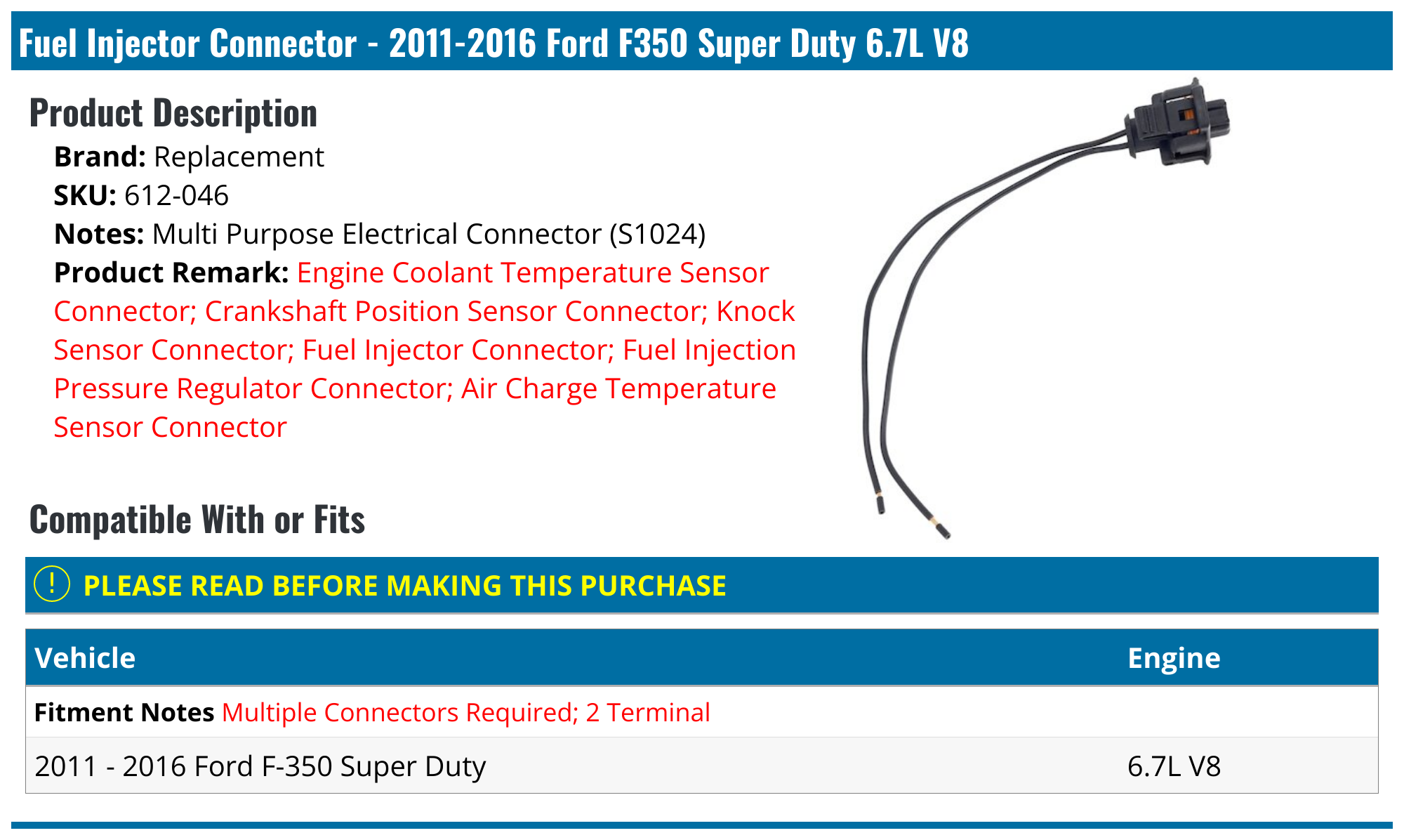 2011-2016 Ford F350 Super Duty Fuel Injector Connector - Replacement ...