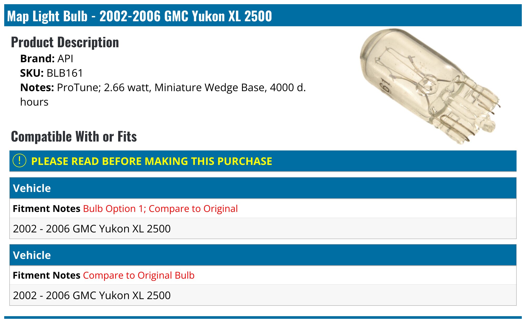 2002-2006 GMC Yukon XL 2500 Map Light Bulb - API 4312-07781259 ...