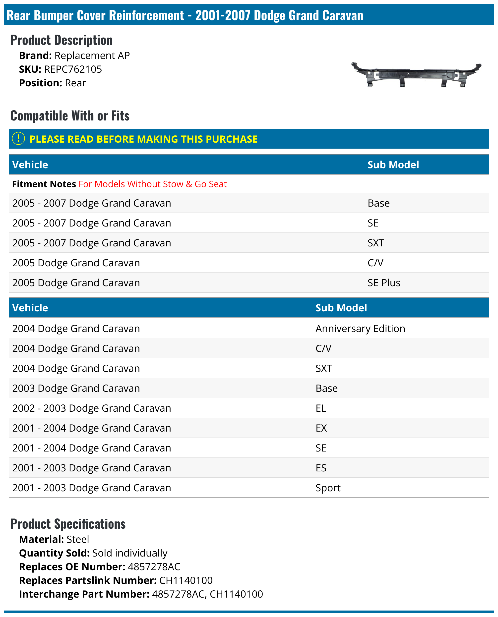 2001-2007 Dodge Grand Caravan Bumper Reinforcement - Replacement AP ...