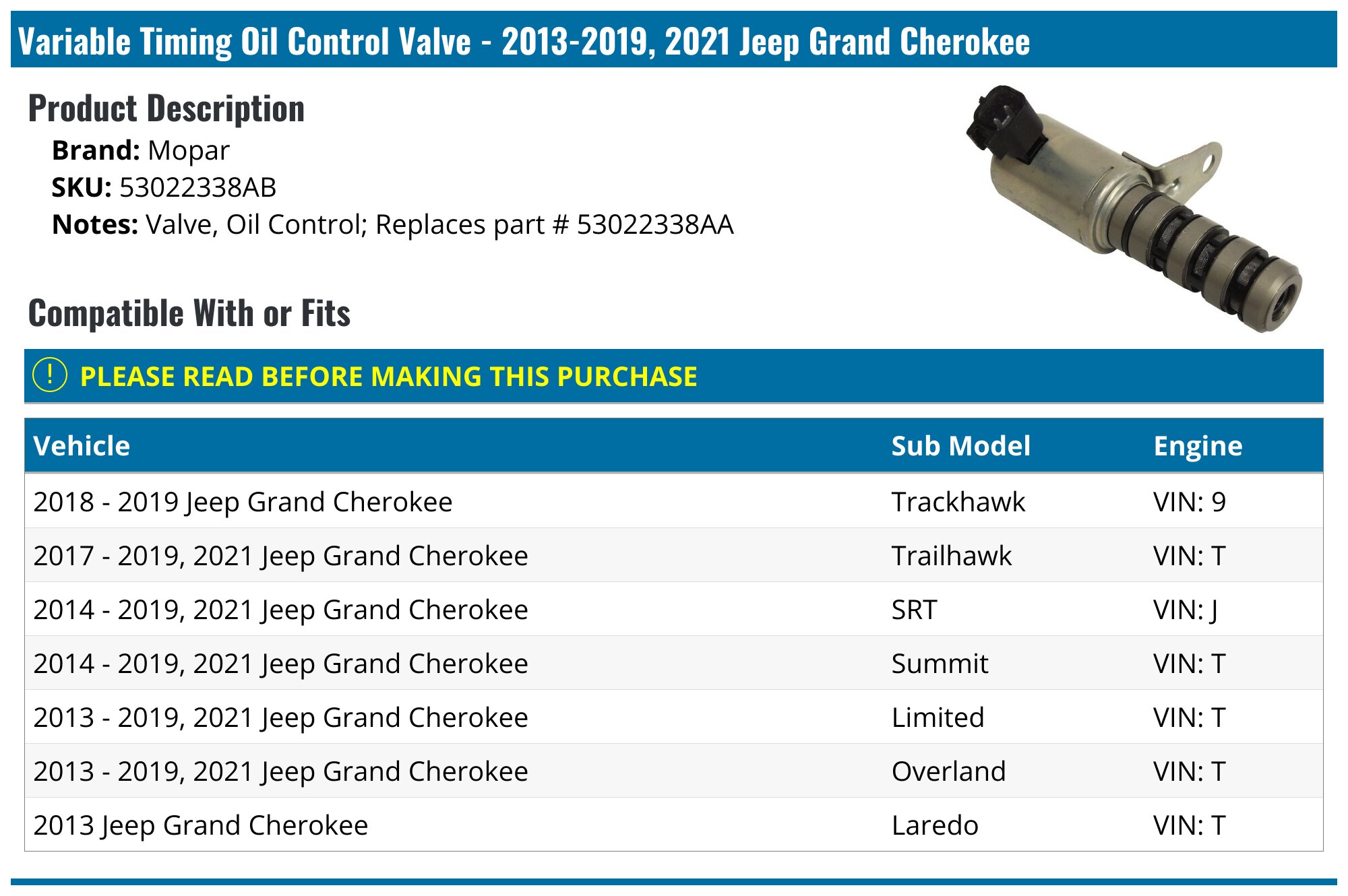 2013-2019 Jeep Grand Cherokee Variable Timing Oil Control Valve - Mopar ...