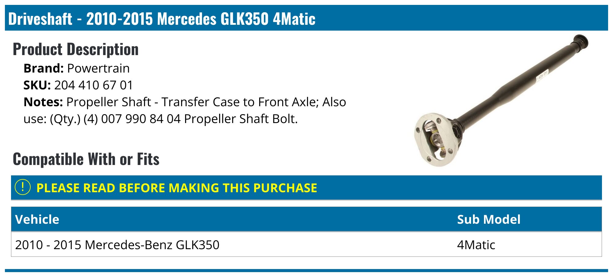 2010-2015 Mercedes GLK350 Drive Shaft - Powertrain 204 410 67 01 ...