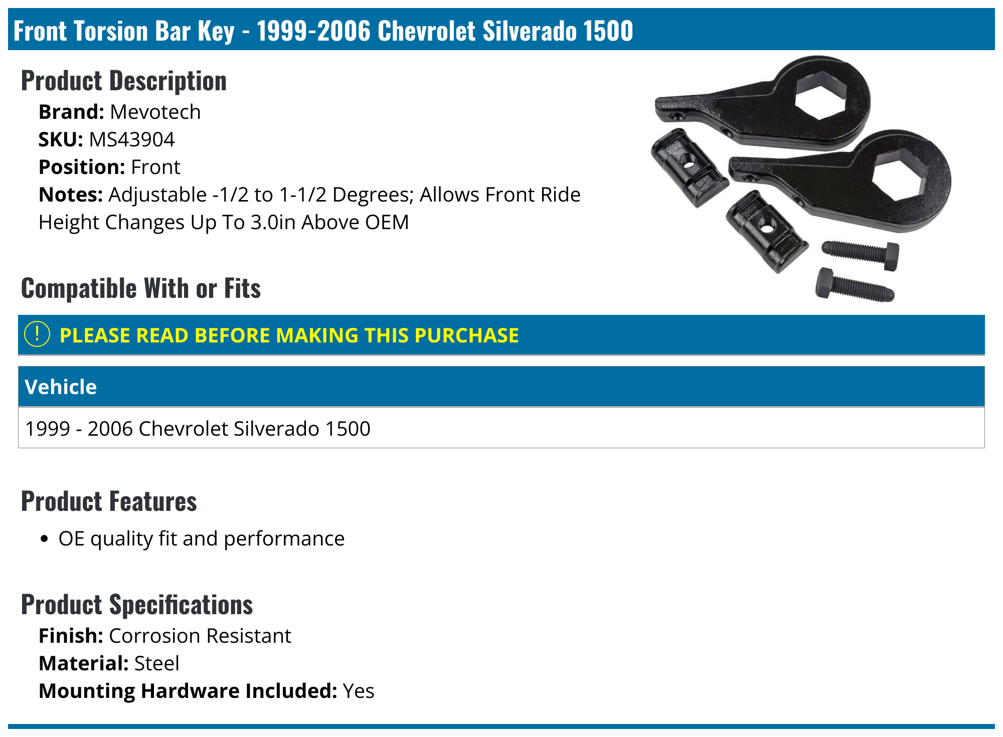 1999-2006 Chevrolet Silverado 1500 Torsion Bar Key - Mevotech MS43904 ...