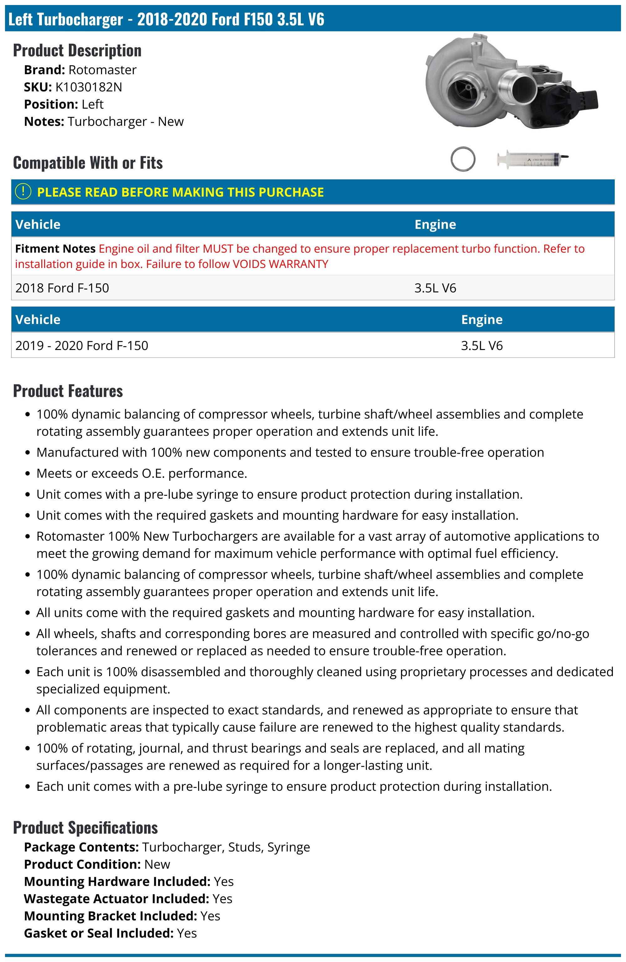 2018-2020 Ford F150 Turbocharger - Rotomaster K1030182N - Left ...