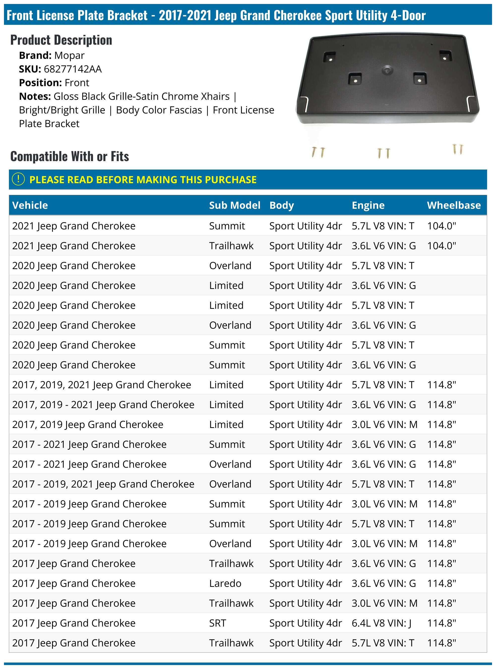 2017-2021 Jeep Grand Cherokee License Plate Bracket - Mopar 68277142AA ...