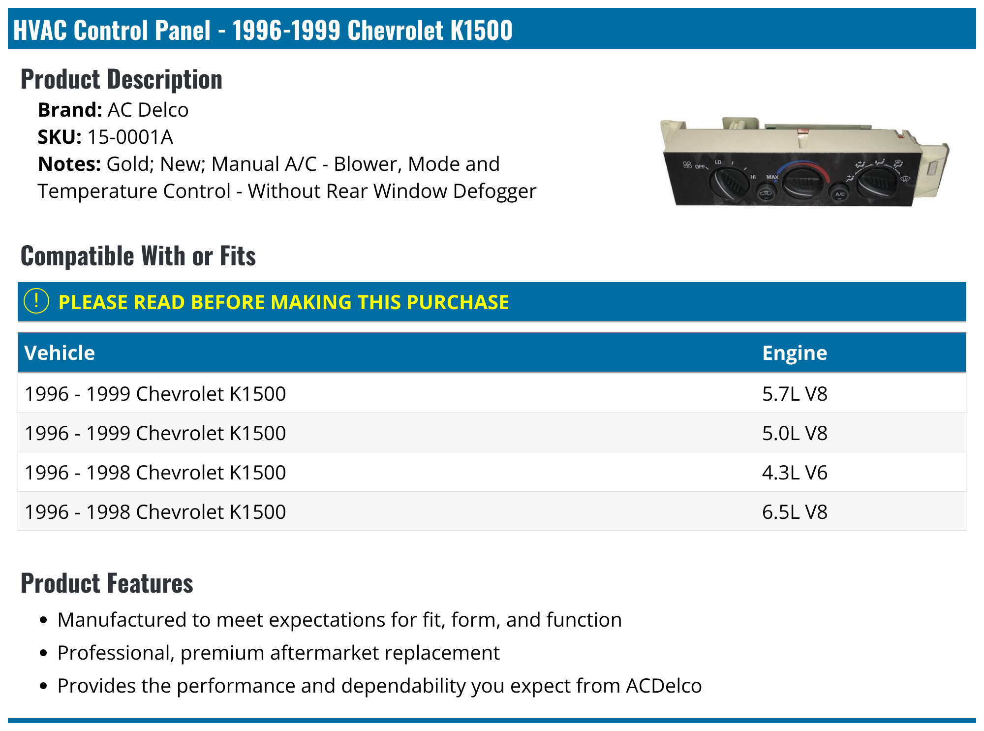 1996-1999 Chevrolet K1500 HVAC Control Module - AC Delco 15-0001A ...