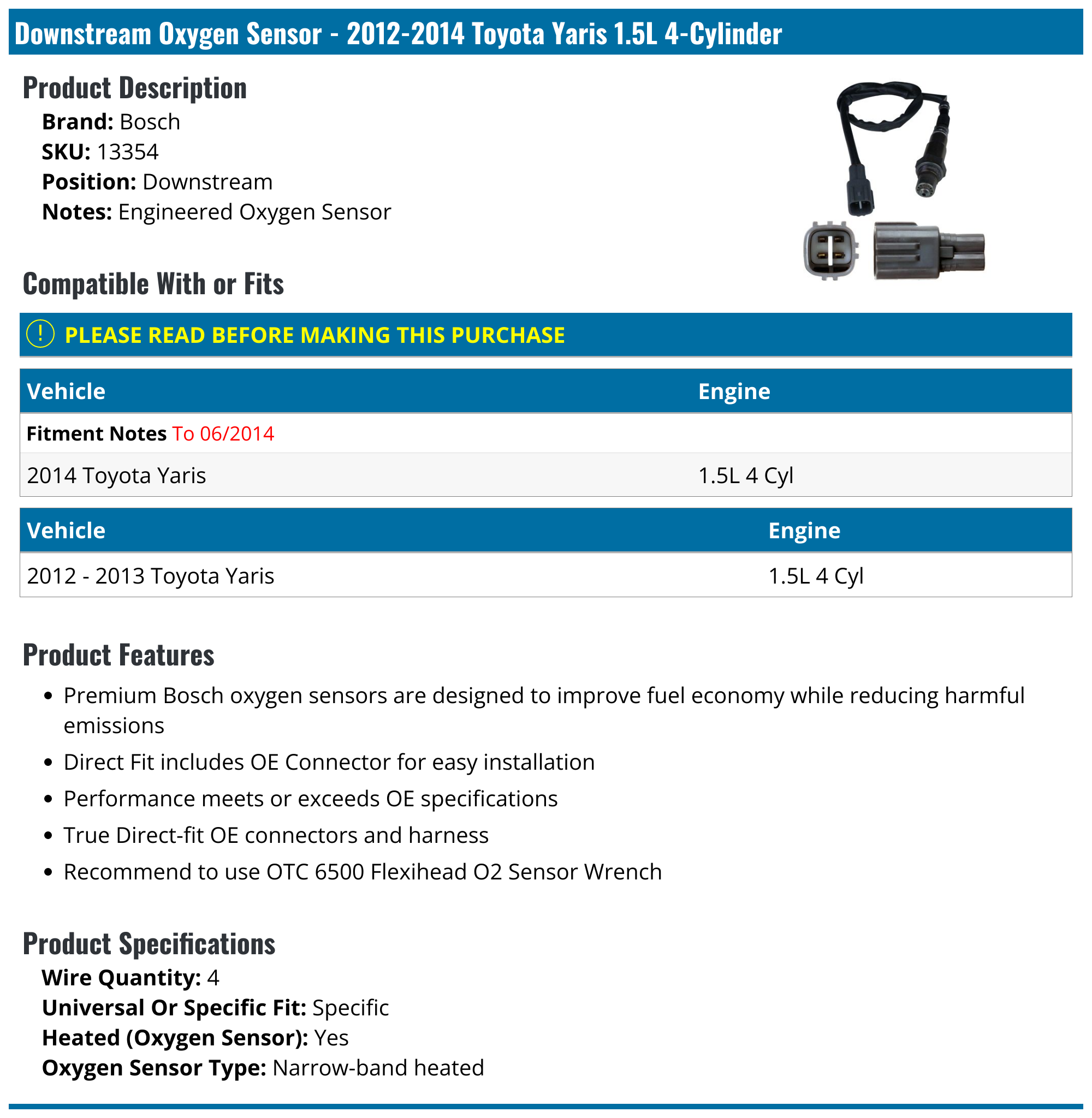 2012-2014 Toyota Yaris Oxygen Sensor - Bosch 13354 - Downstream ...