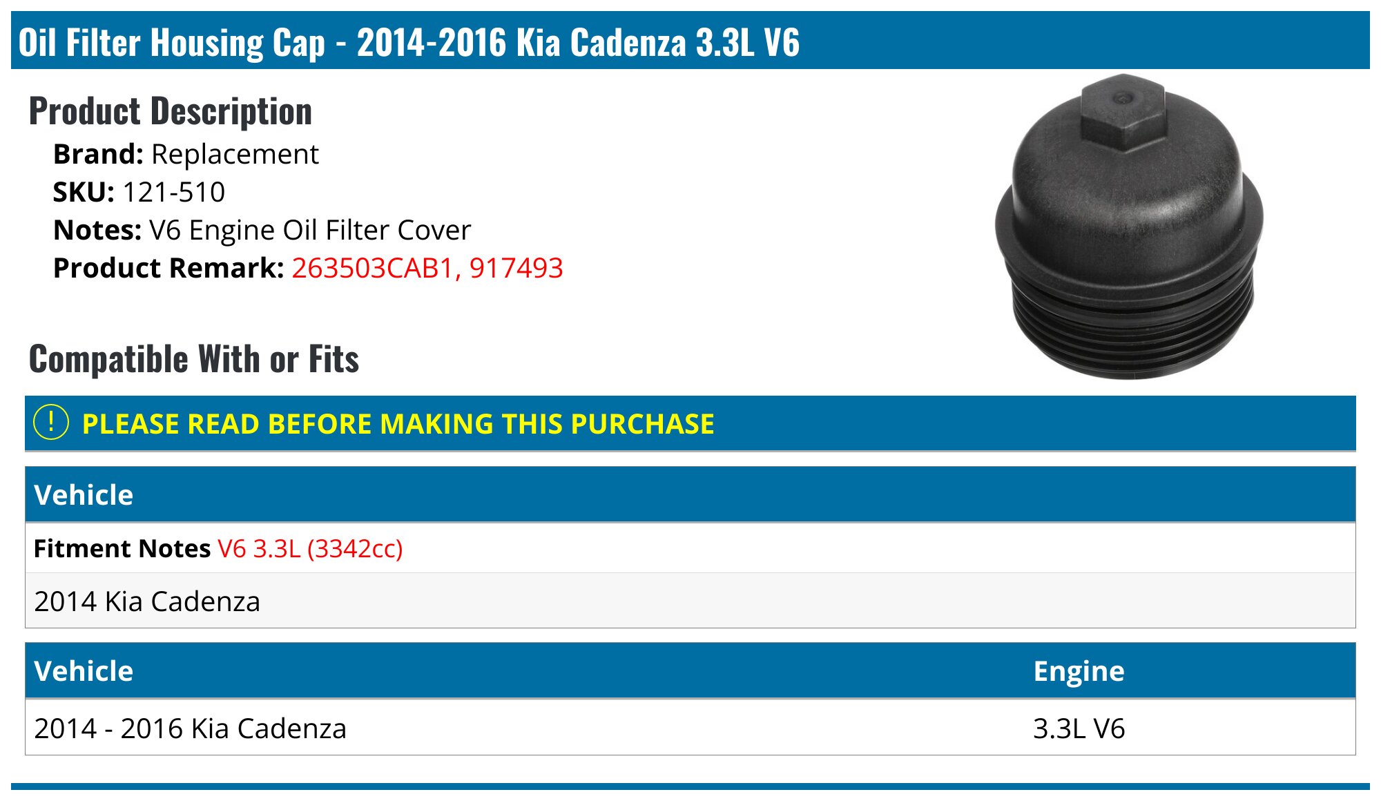 2014-2016 Kia Cadenza Oil Filter Housing Cap - Replacement 121-510 ...
