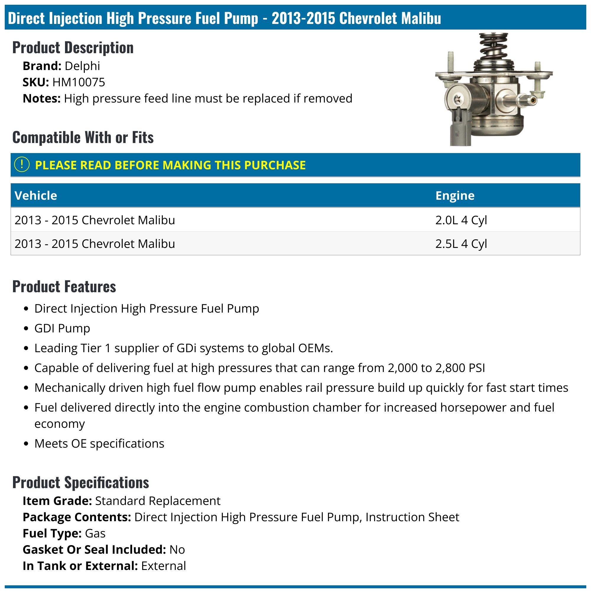 2013-2015 Chevrolet Malibu Fuel Pump - Delphi HM10075 - PartsGeek.com