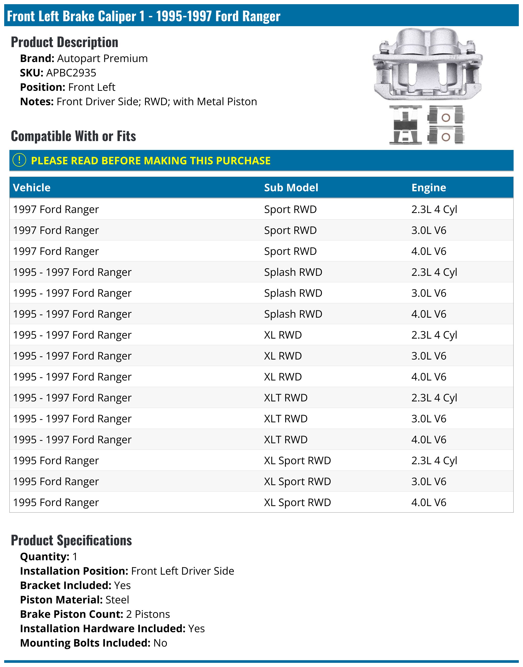1995-1997 Ford Ranger Brake Caliper - Autopart Premium APBC2935 - Front ...