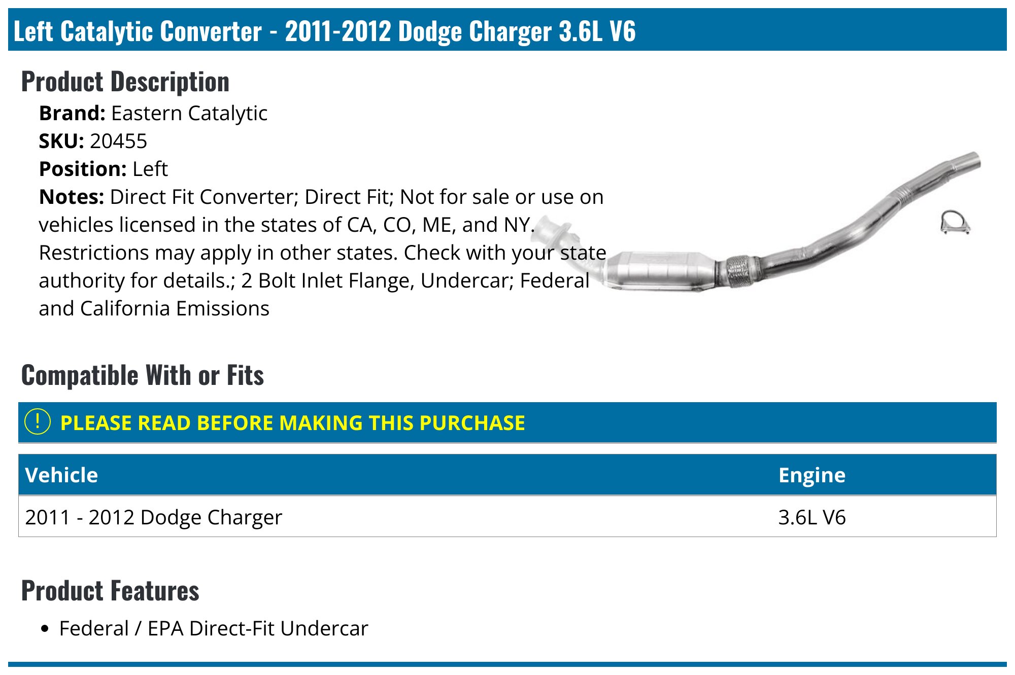 2011-2012 Dodge Charger Catalytic Converter - Eastern Catalytic 20455 ...