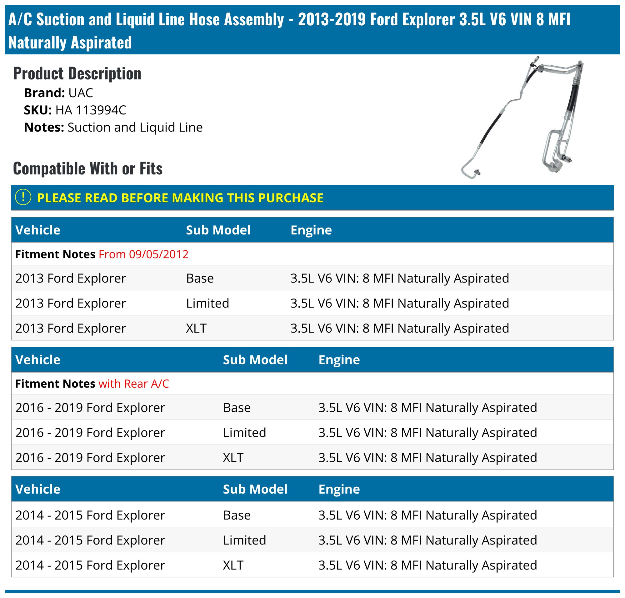 2013-2019 Ford Explorer A/C Suction and Liquid Line Hose Assembly - UAC ...