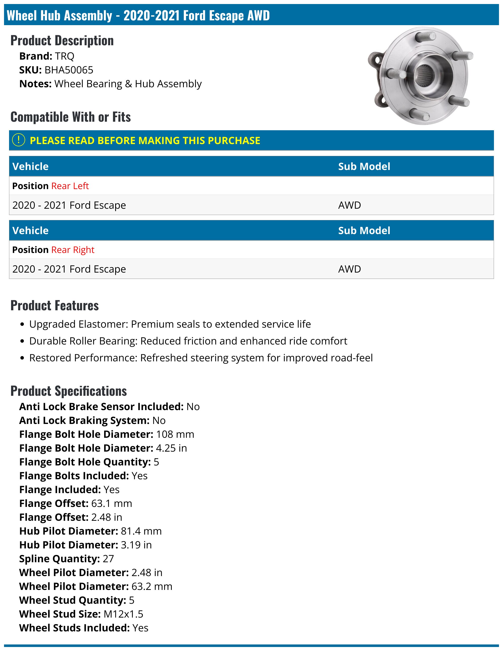 2020-2022 Ford Escape Wheel Hub Assembly - TRQ BHA50065 - Rear Left ...