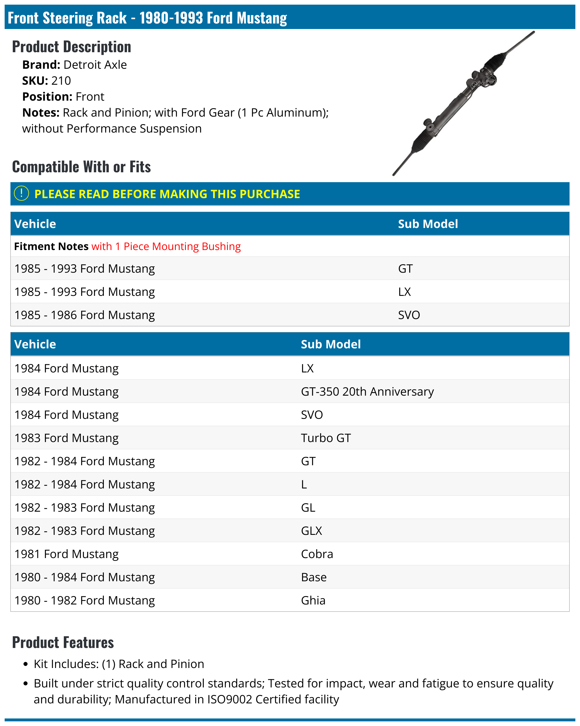 1980-1993 Ford Mustang Steering Rack - Detroit Axle 210 - Front ...