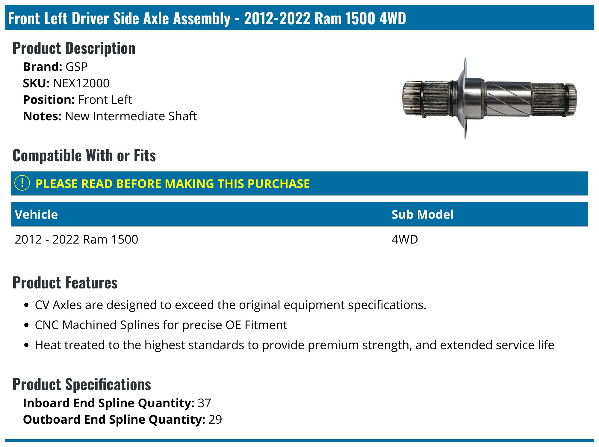 2012-2018 Ram 1500 Axle Assembly - GSP NEX12000 - Front Left ...