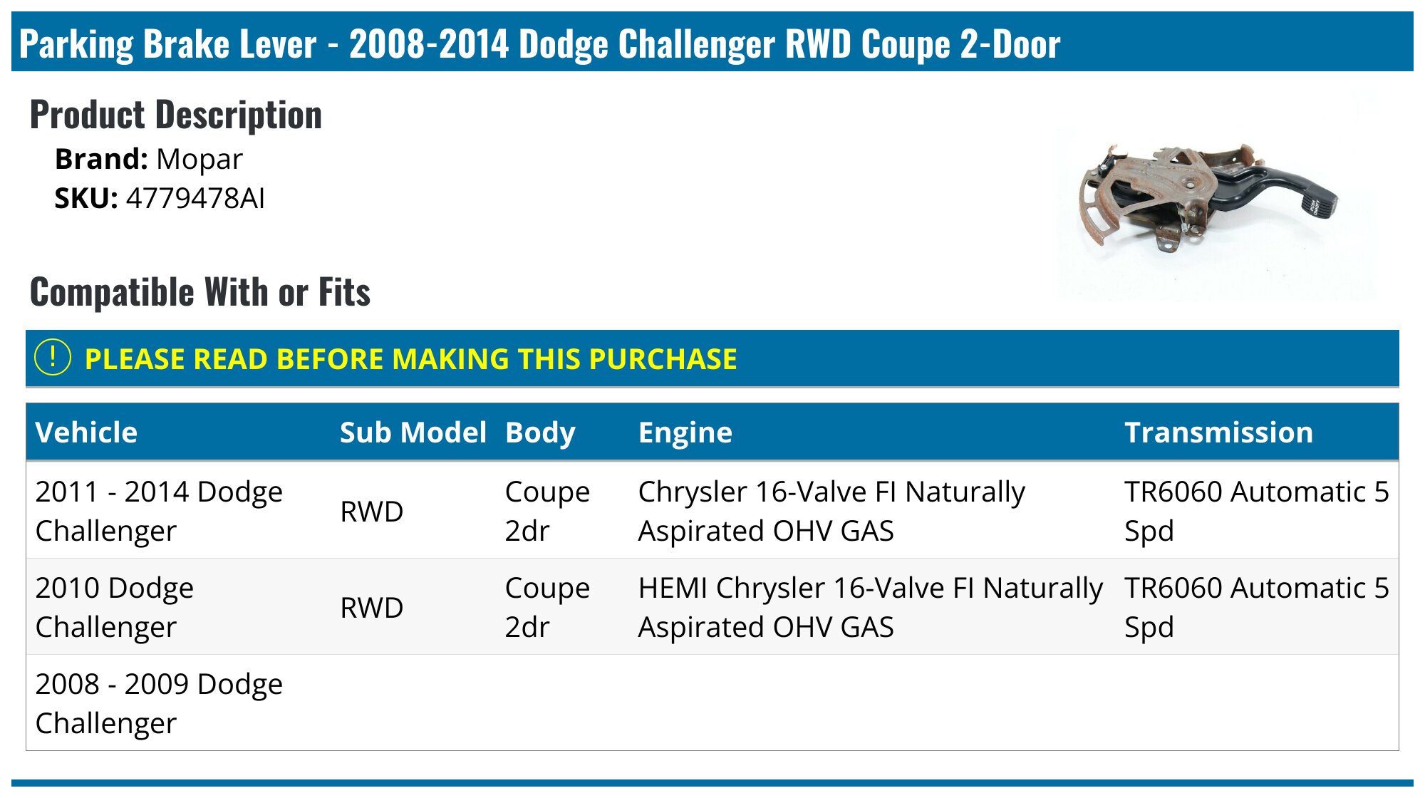 2008-2014 Dodge Challenger Parking Brake Lever - Mopar 4779478AI ...