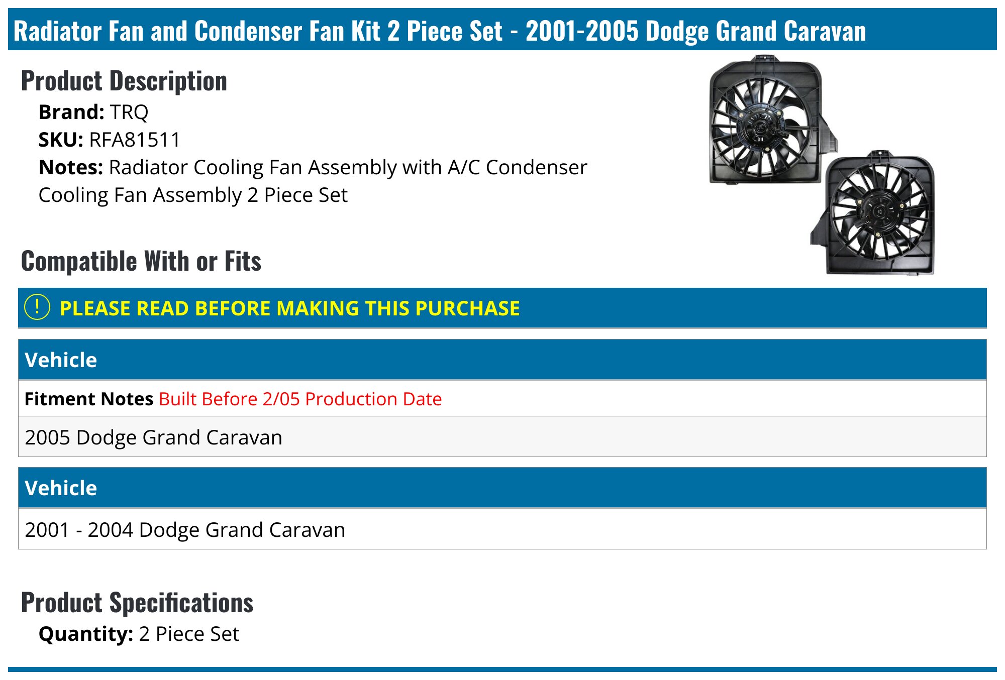 2001-2005 Dodge Grand Caravan Radiator Fan Assembly - TRQ RFA81511 ...