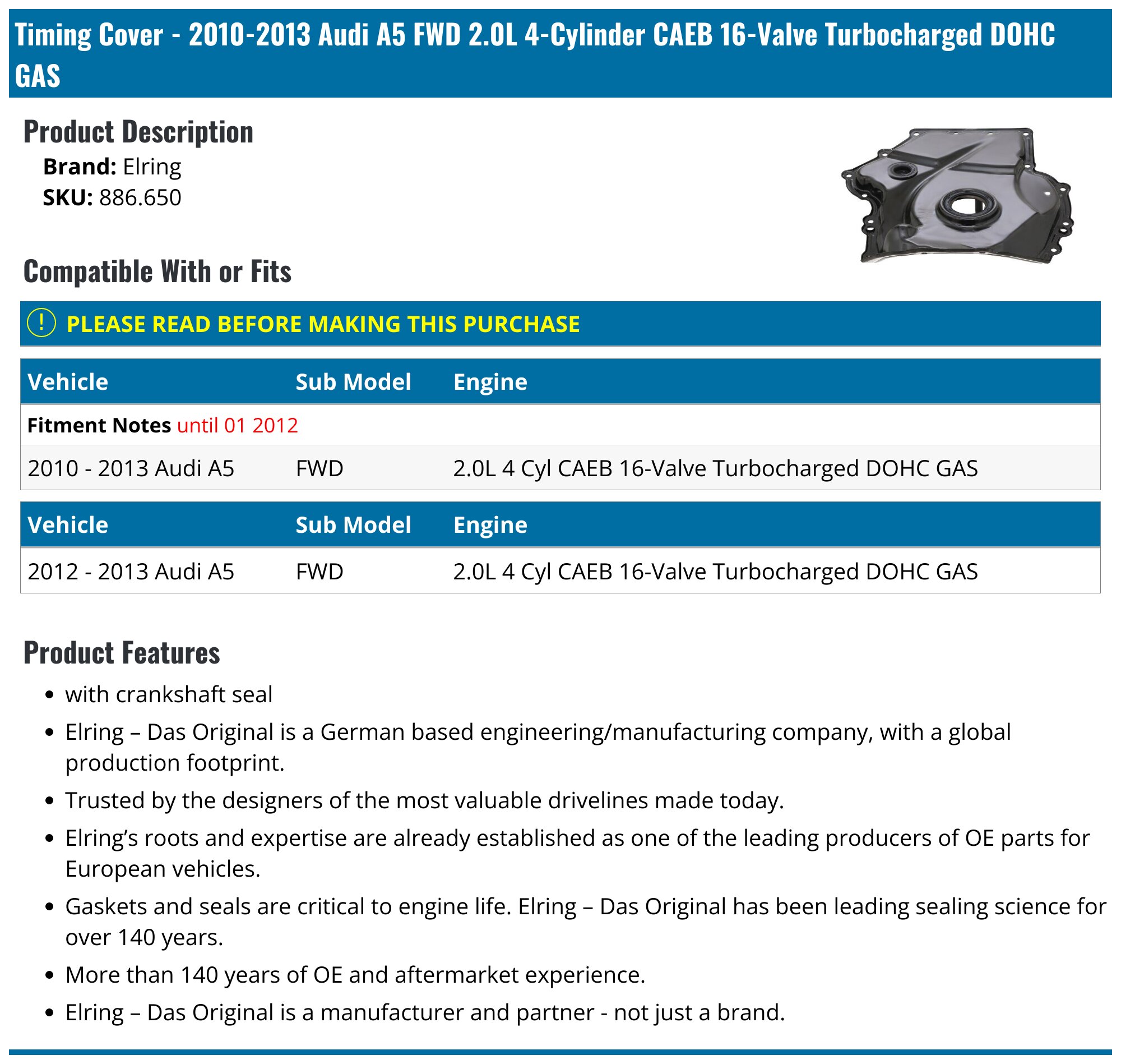 2014 Audi A5 Timing Cover - Elring 886.650 - PartsGeek.com