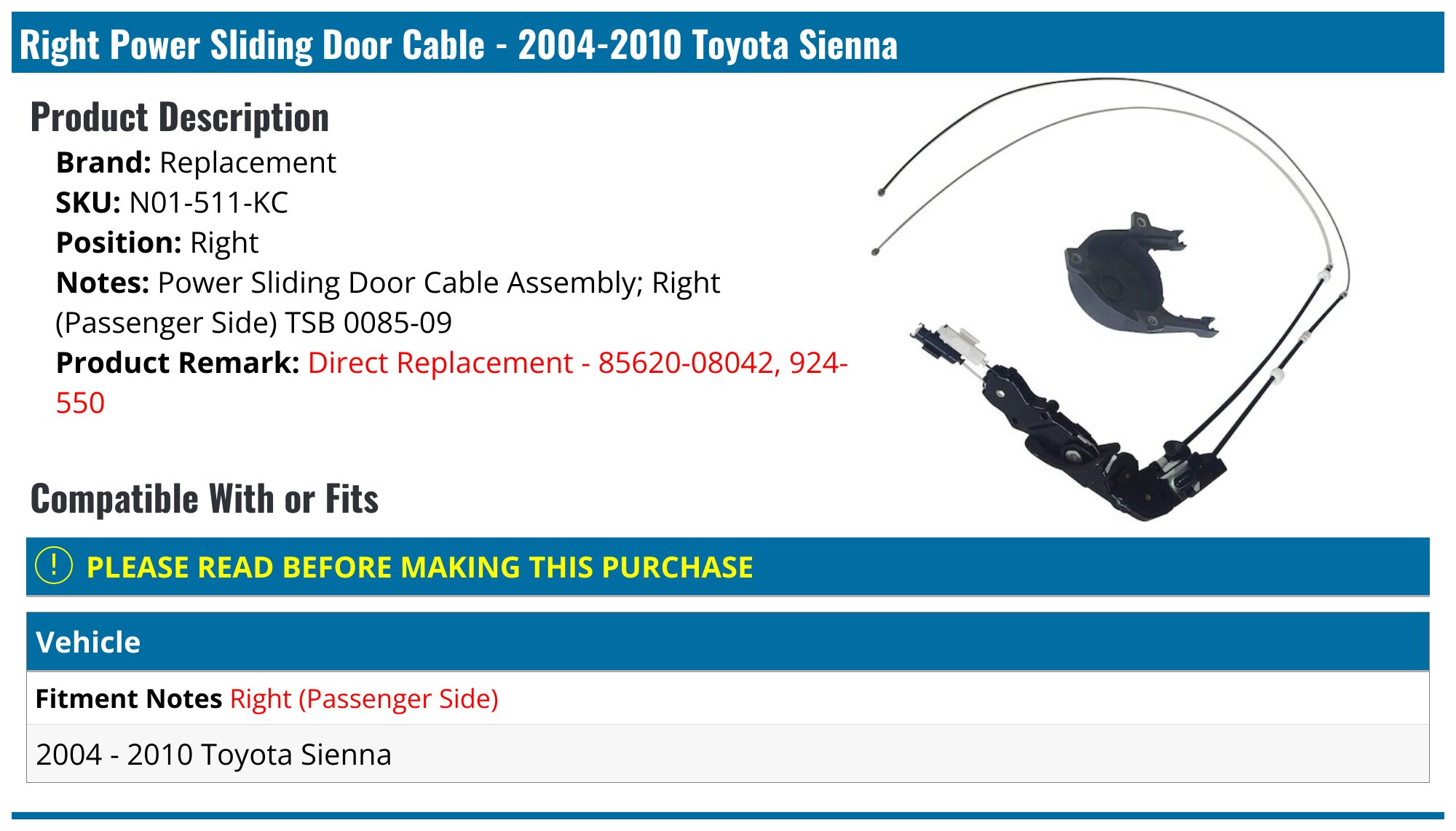 2004-2010 Toyota Sienna Power Sliding Door Cable - Replacement N01-511 ...