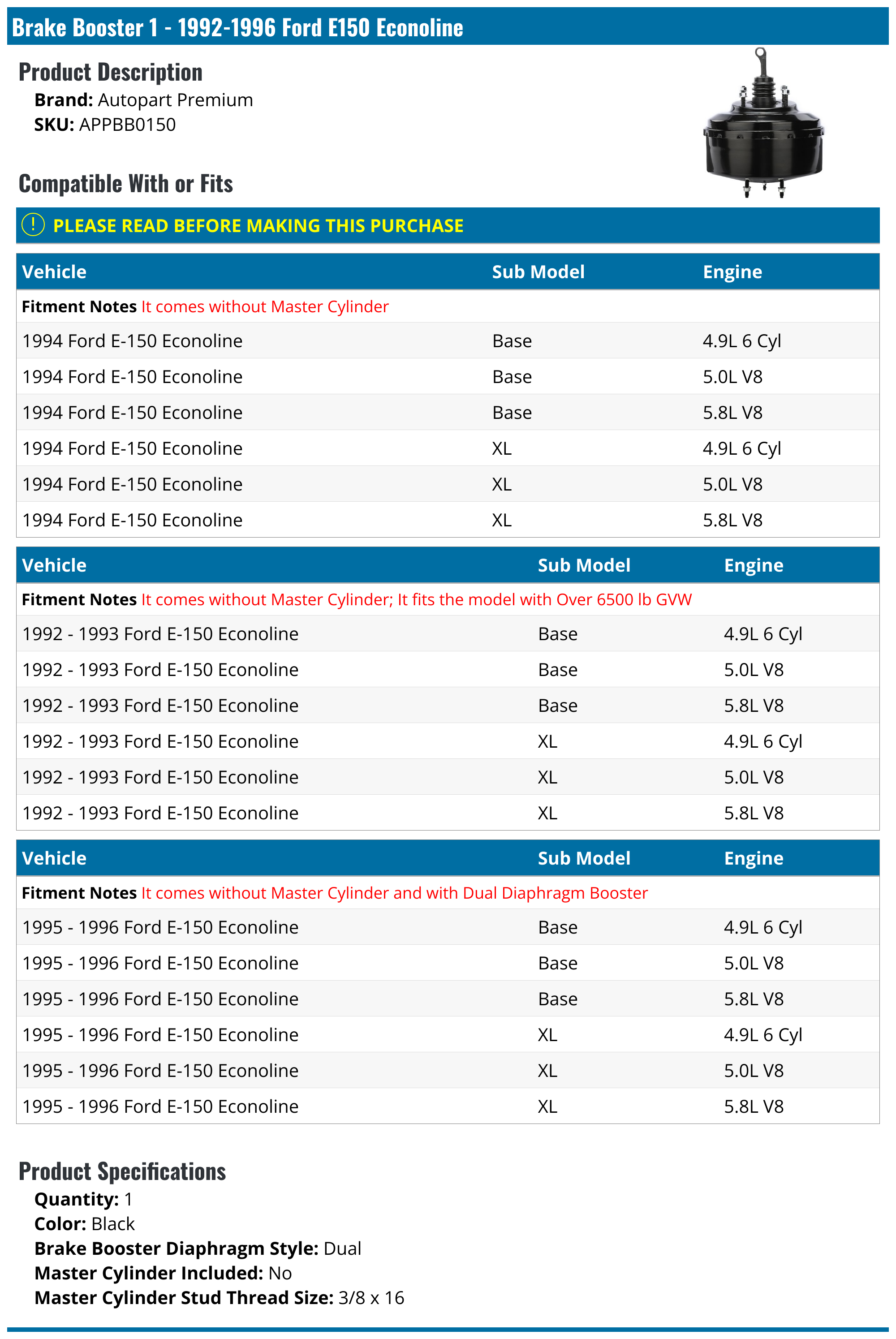 1992-1996 Ford E150 Econoline Brake Booster - Autopart Premium ...