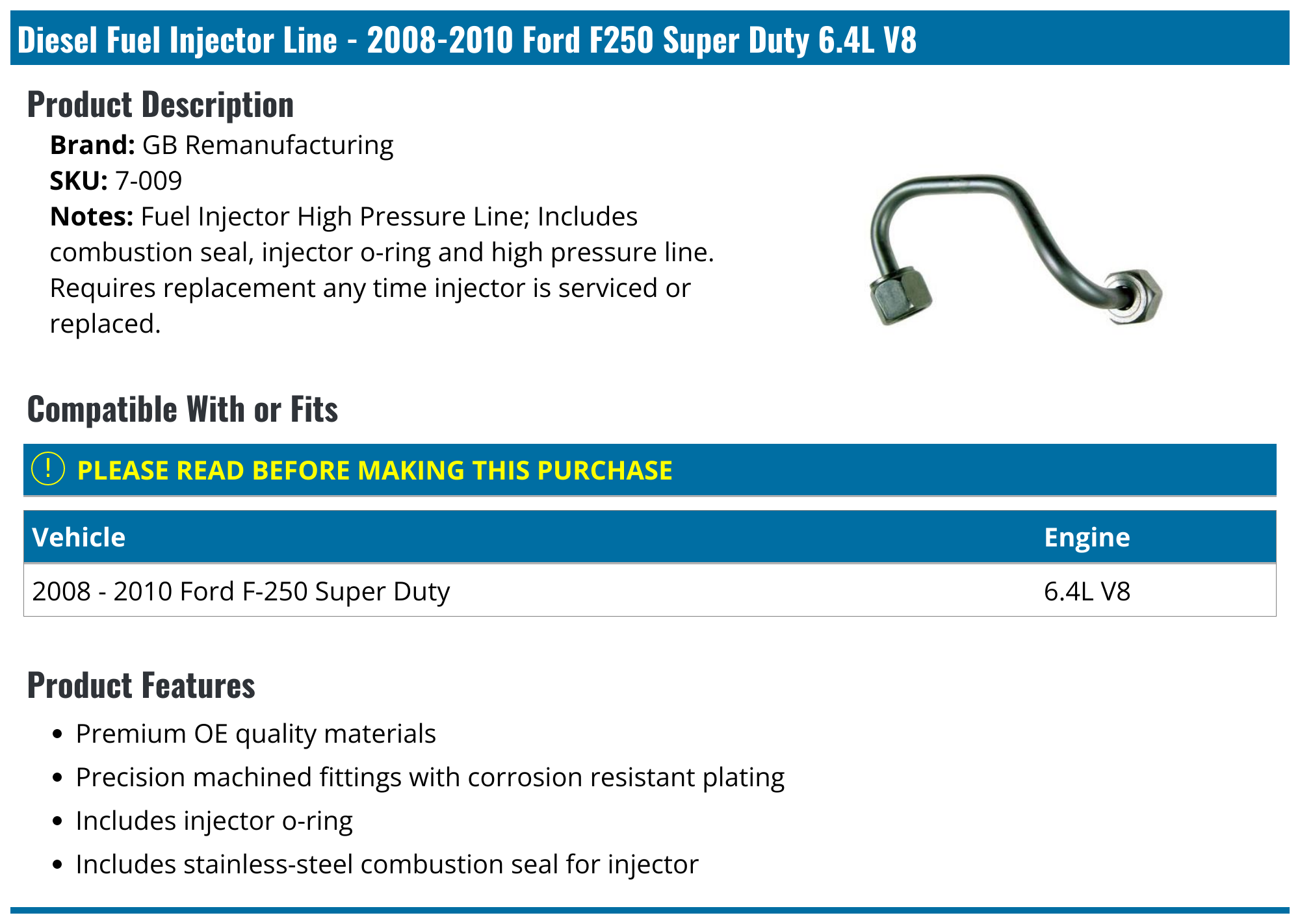2008-2010 Ford F250 Super Duty Diesel Fuel Injector Line - GB ...