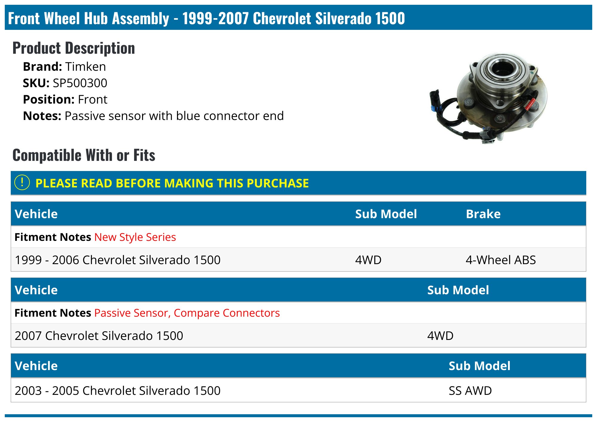 1999-2007 Chevrolet Silverado 1500 Wheel Hub Assembly - Timken SP500300 ...