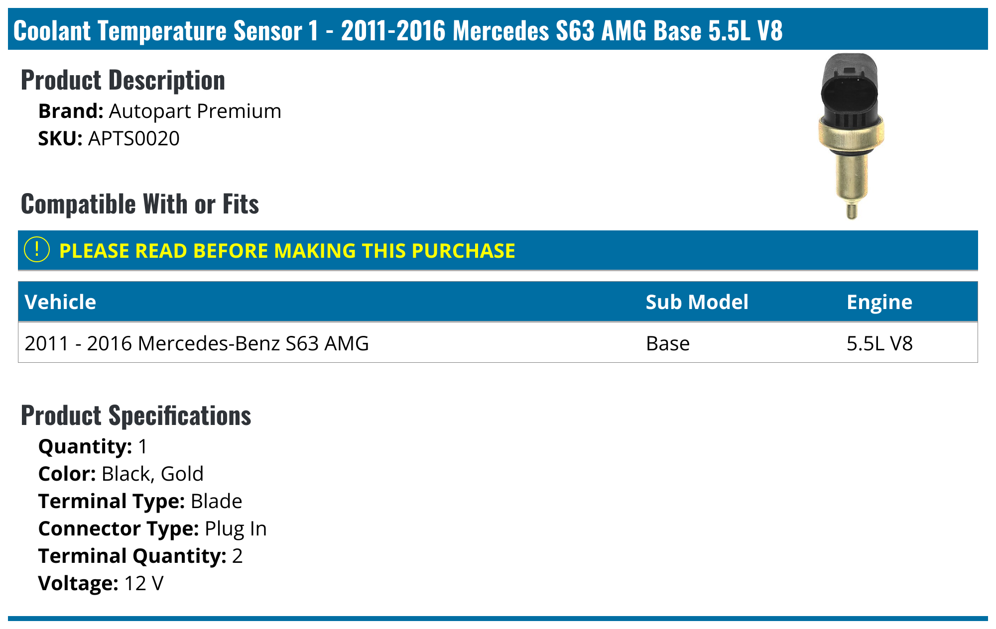 2011-2016 Mercedes S63 AMG Engine Coolant Temperature Sensor - Autopart ...