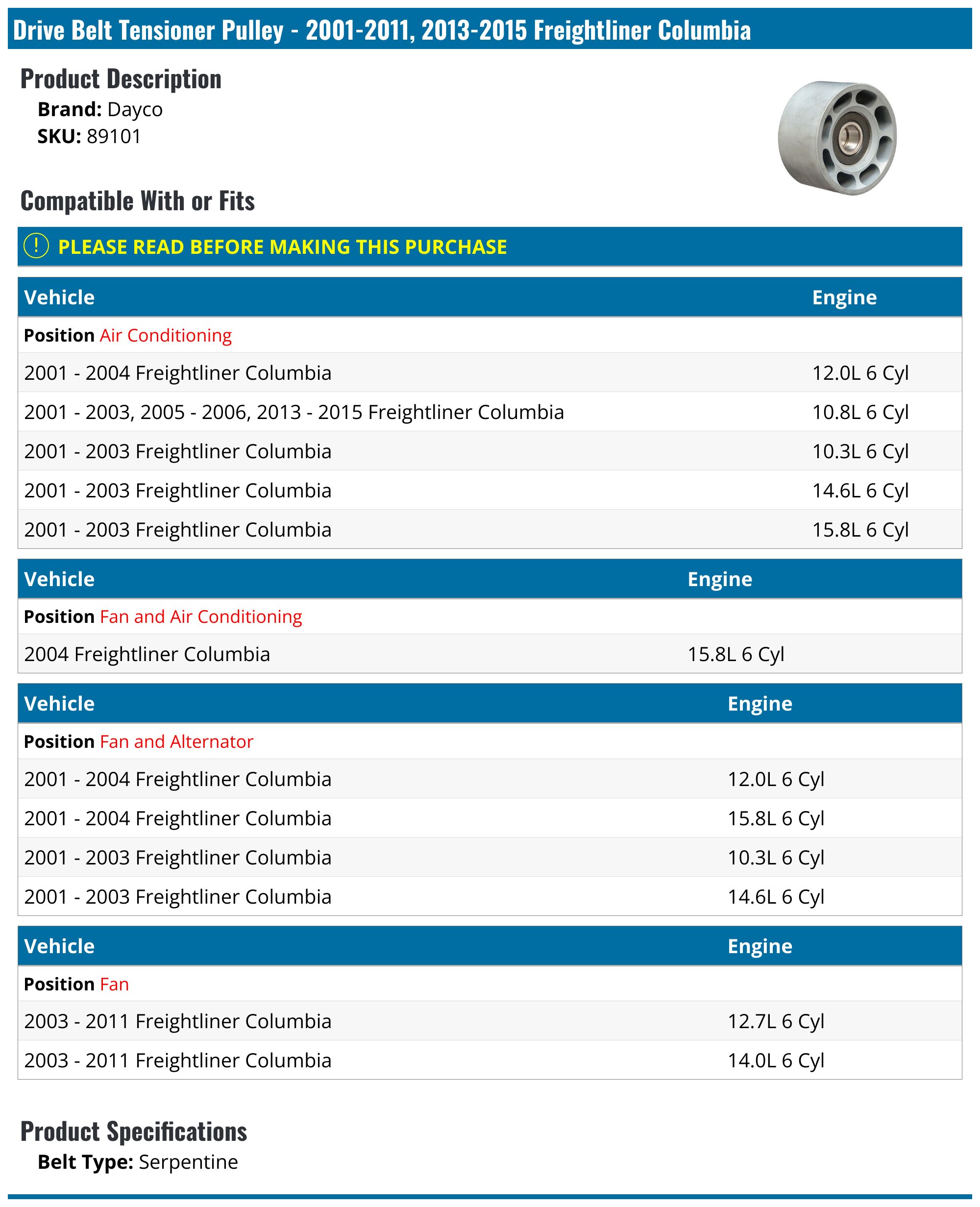 2001-2015 Freightliner Columbia Drive Belt Tensioner Pulley - Dayco ...