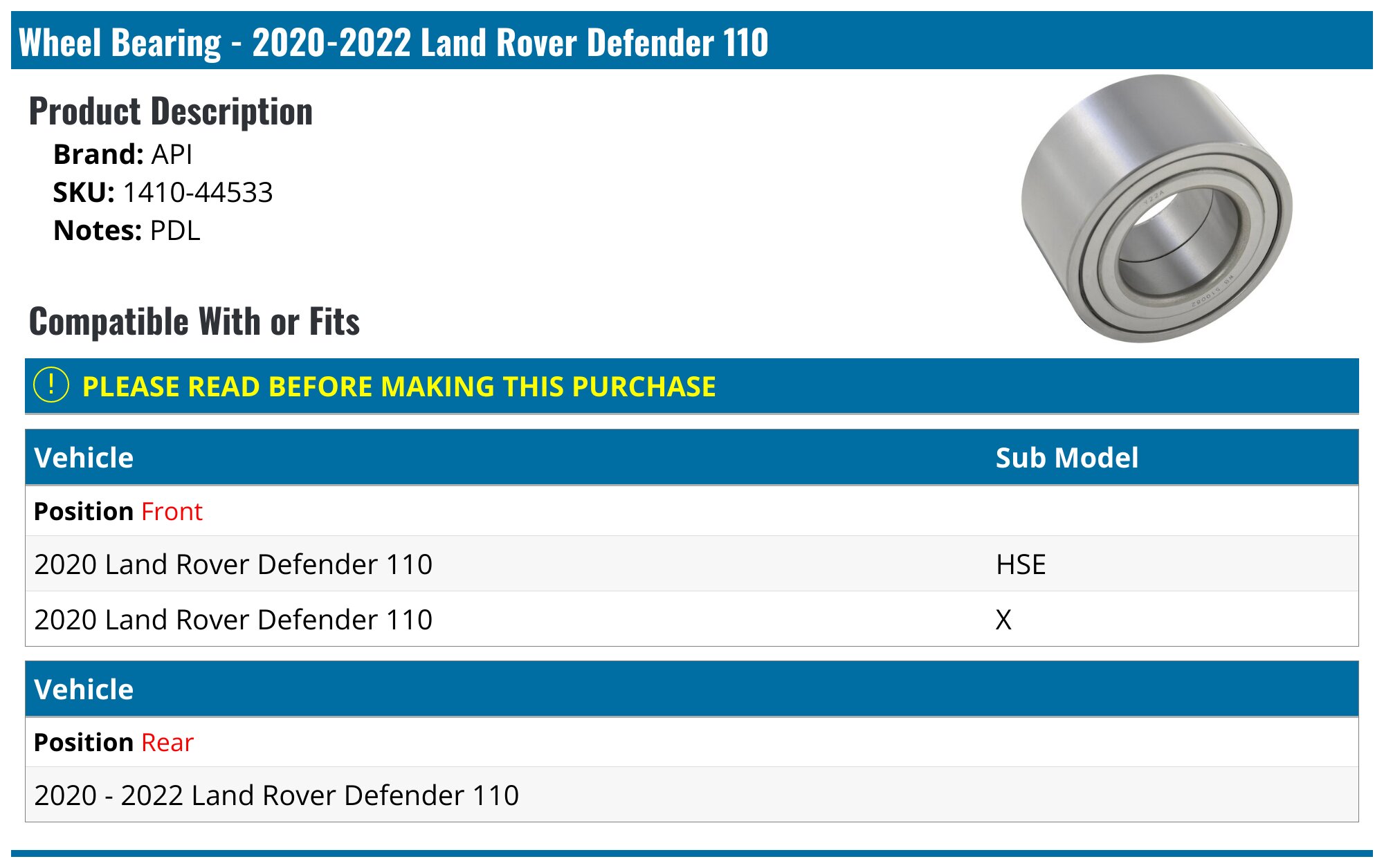 2020-2022 Land Rover Defender 110 Wheel Bearing - API 150933-07868596 ...