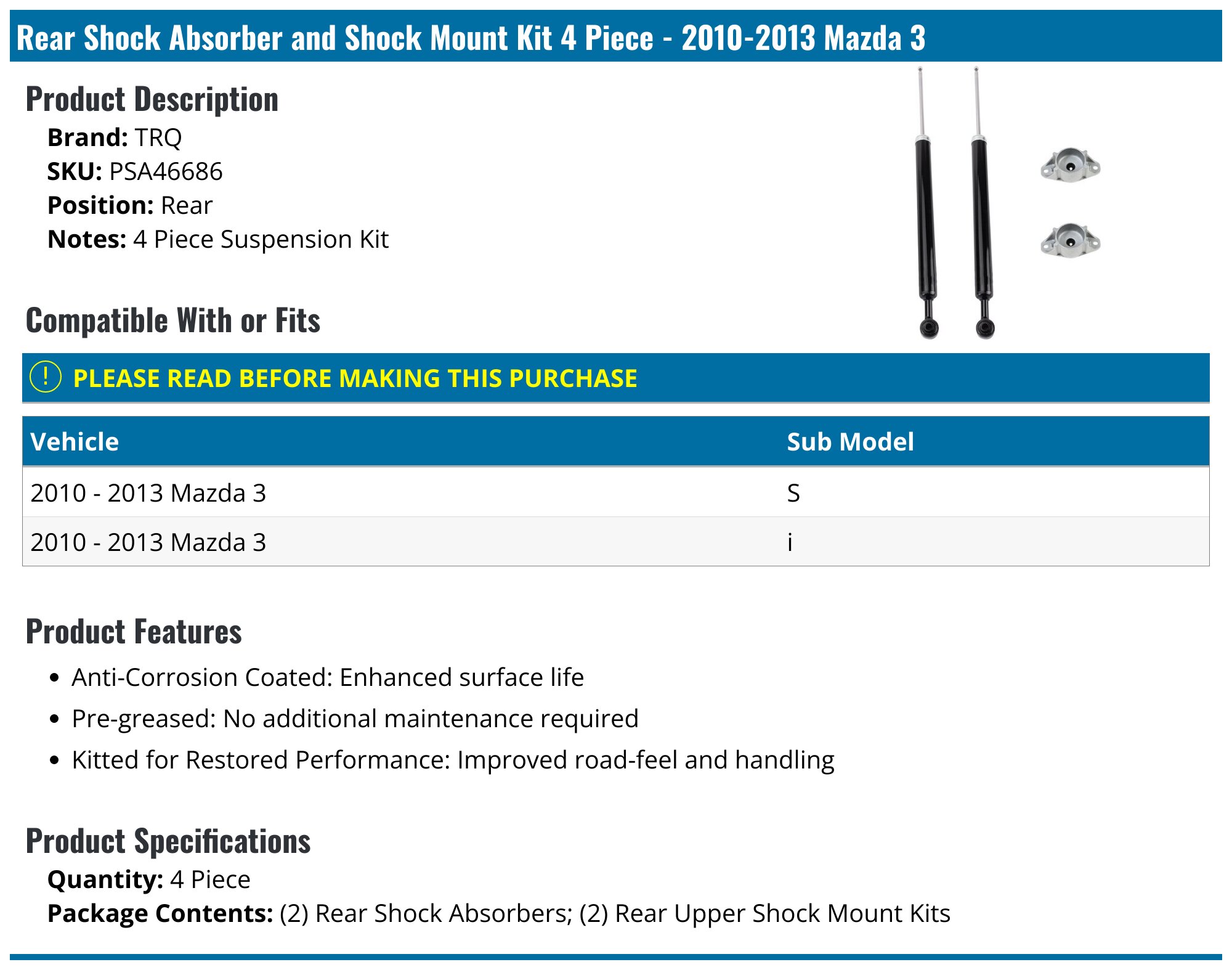 2010-2013 Mazda 3 Shock Absorber - TRQ PSA46686 - Rear - PartsGeek.com