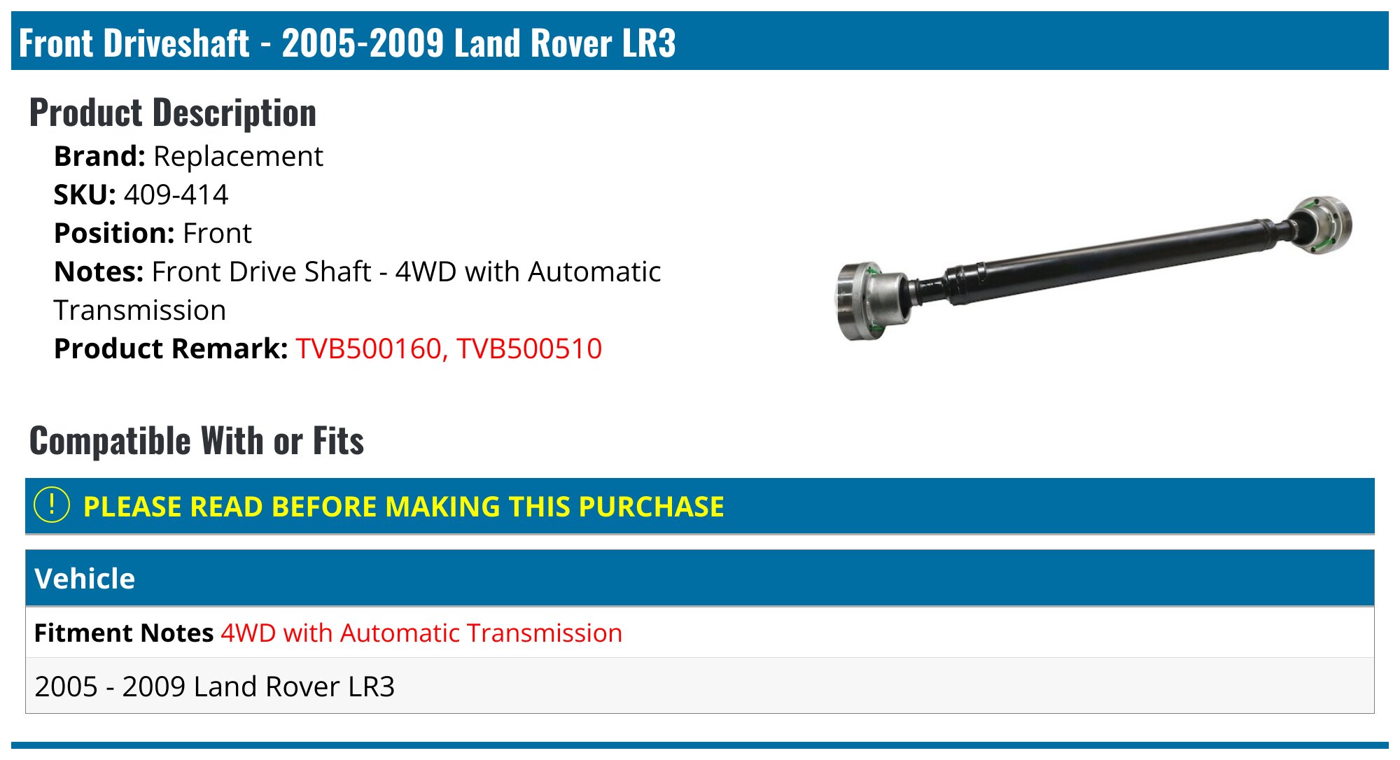 2005-2009 Land Rover LR3 Drive Shaft - Replacement 409-414 - Front ...