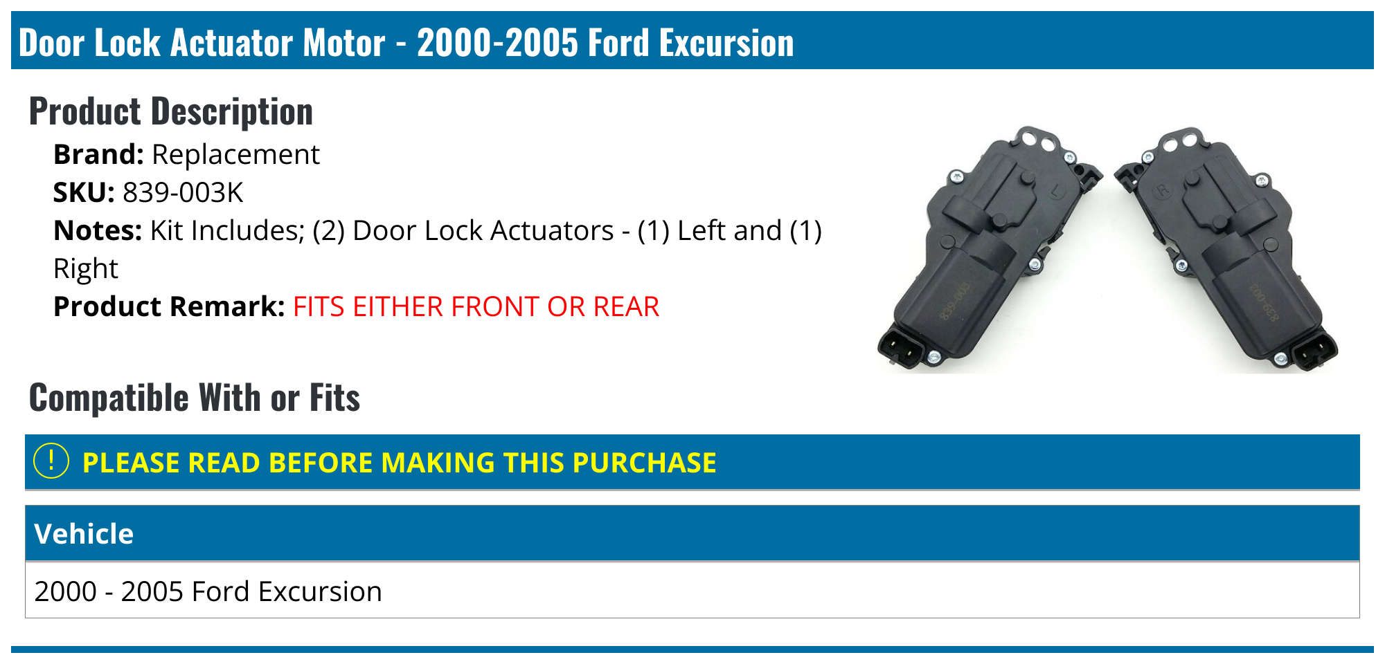 2000-2005 Ford Excursion Door Lock Actuator - Replacement 839-003K ...