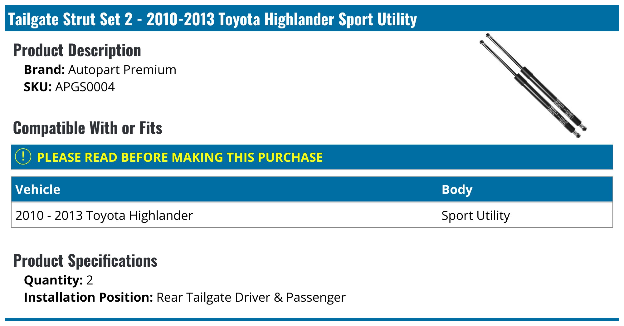 2010-2013 Toyota Highlander Hatch Strut - Autopart Premium APGS0004 ...