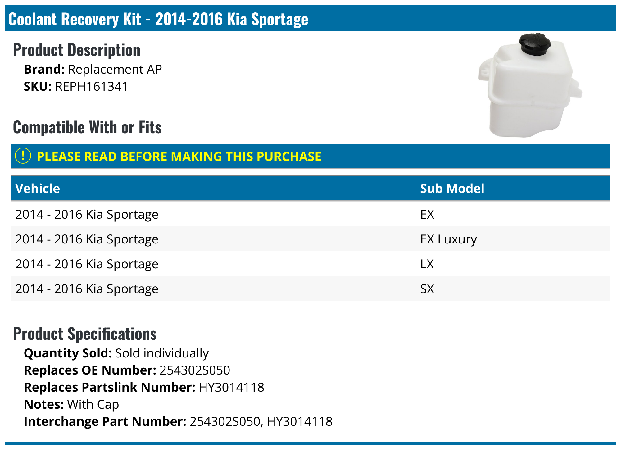 2014-2016 Kia Sportage Coolant Recovery Kit - Replacement AP REPH161341 ...