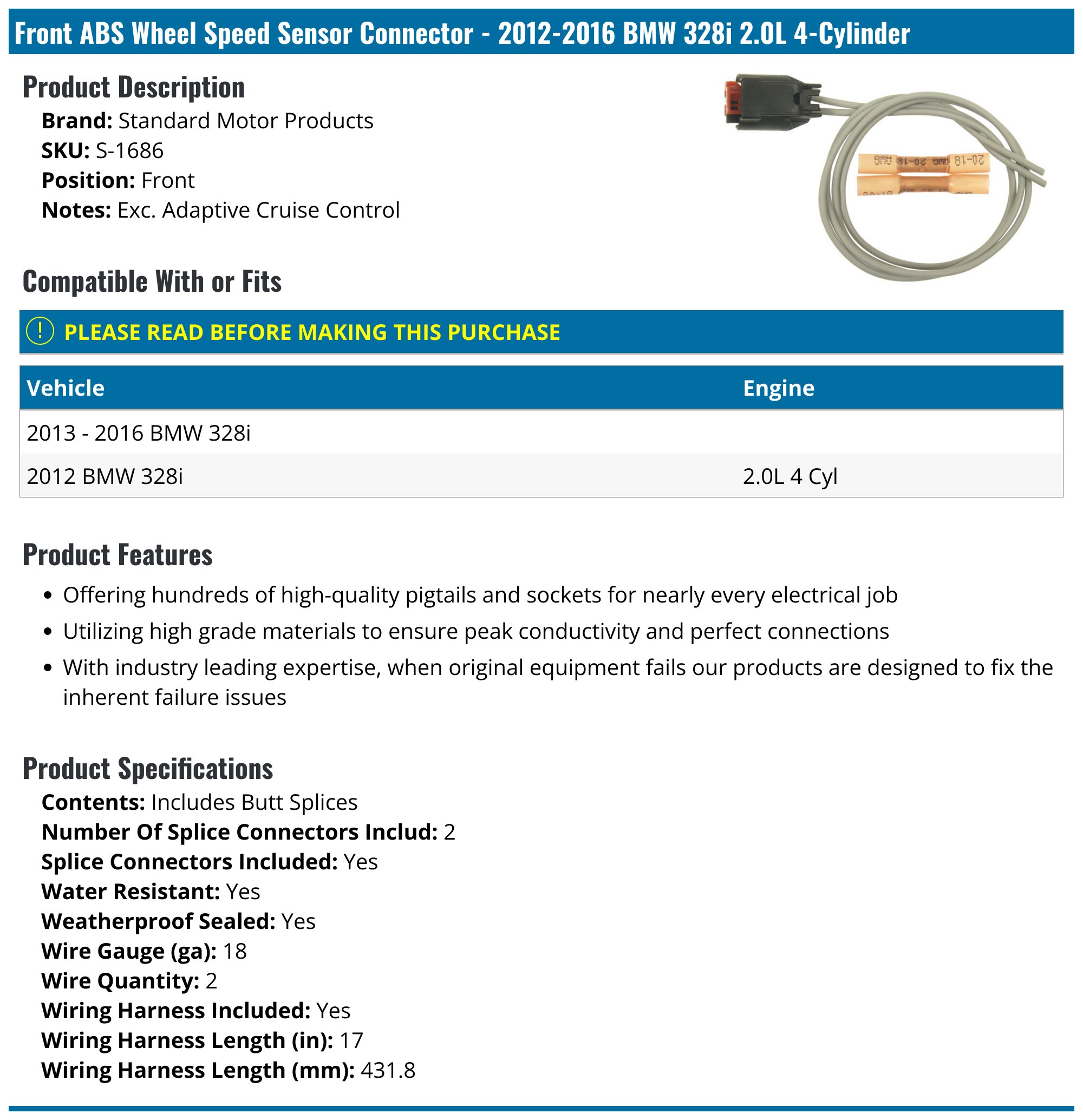 2012-2016 BMW 328i ABS Wheel Speed Sensor Connector - Standard Motor ...