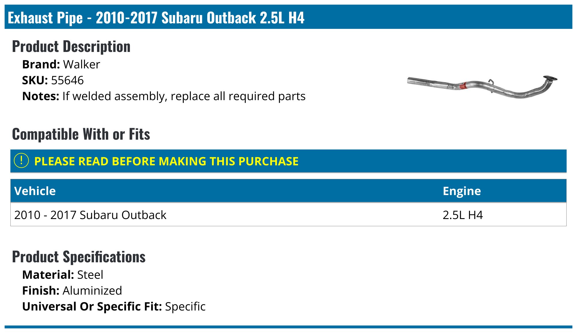 2010-2019 Subaru Outback Exhaust Pipe - Walker 55646 - PartsGeek.com