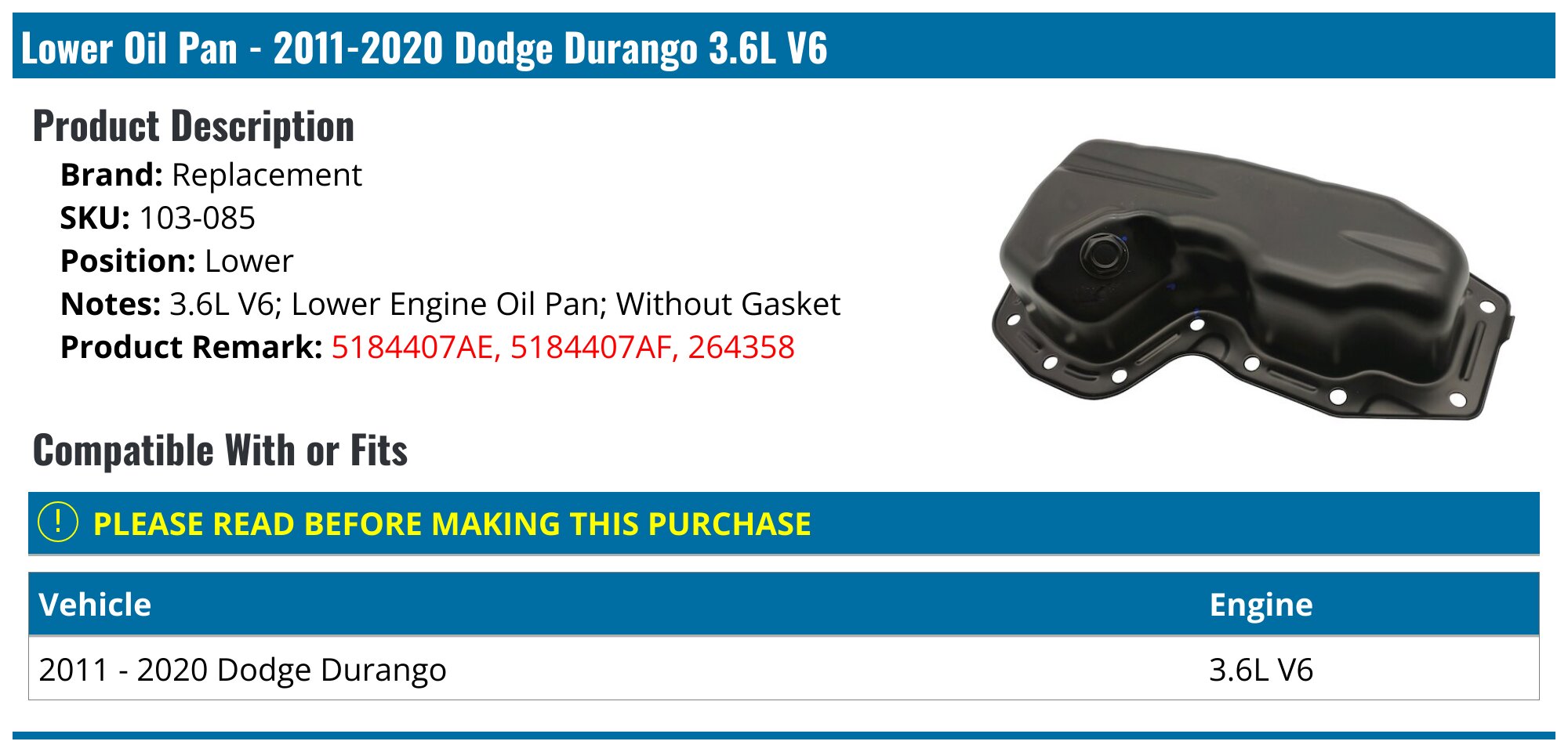 2011-2020 Dodge Durango Oil Pan - Replacement 103-085 - Lower ...