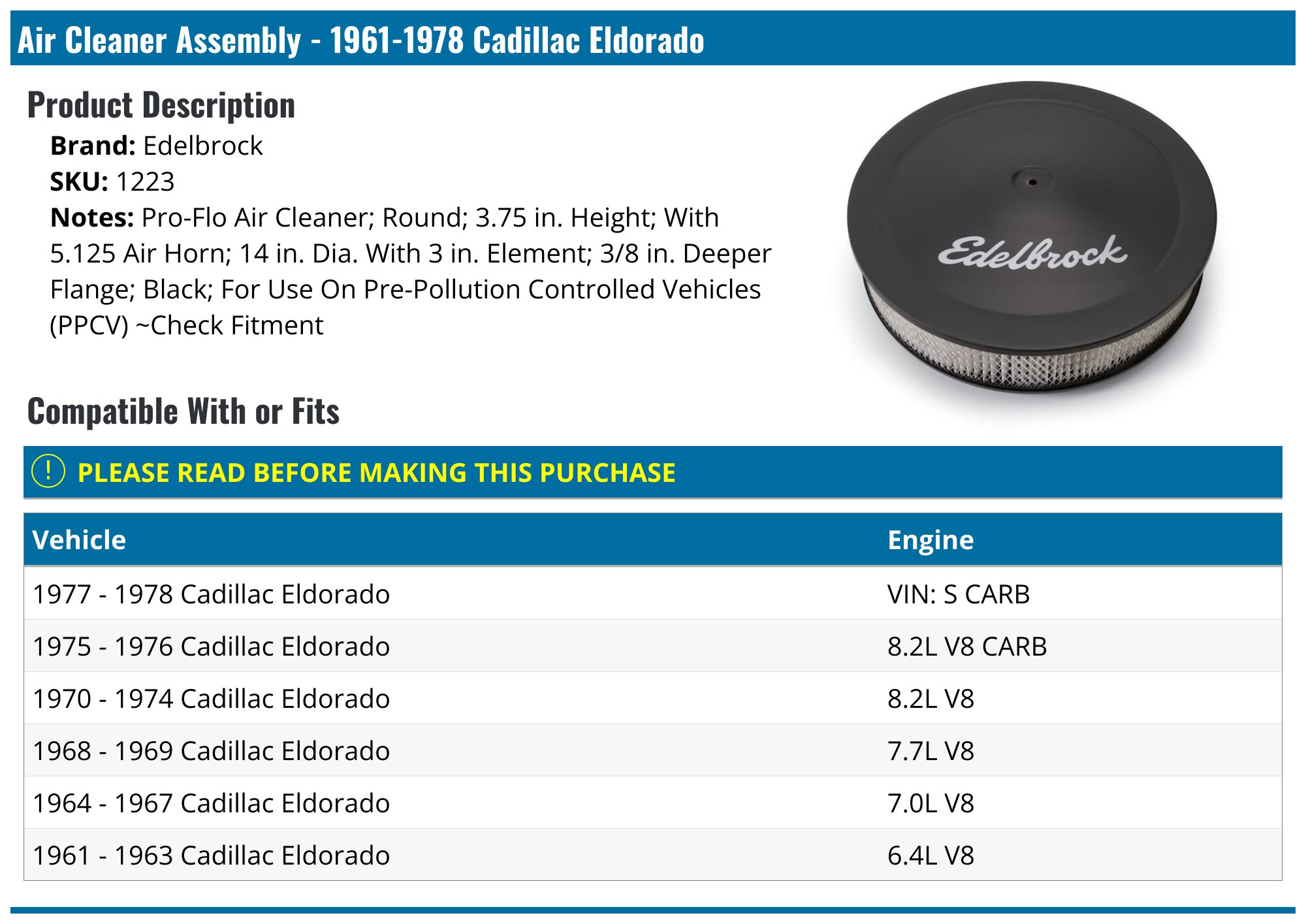 1961-1978 Cadillac Eldorado Air Filter Housing - Edelbrock 1223 ...