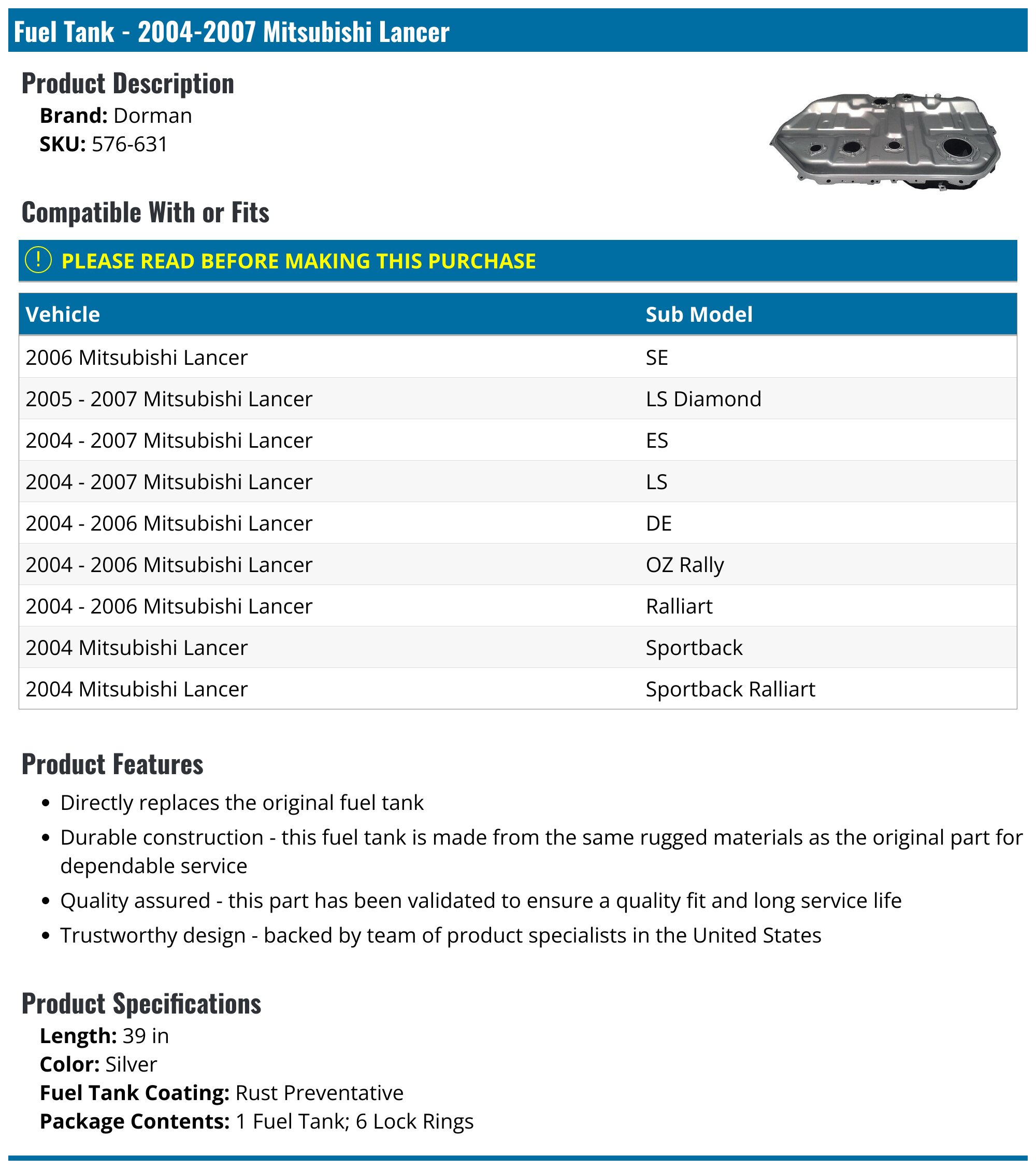 2004-2007 Mitsubishi Lancer Fuel Tank - Dorman 576-631 - PartsGeek.com
