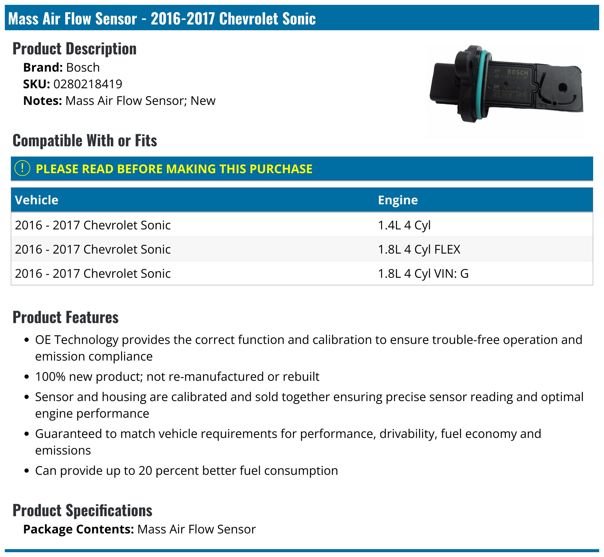 2012-2020 Chevrolet Sonic Air Mass Sensor - Bosch 0280218419 ...
